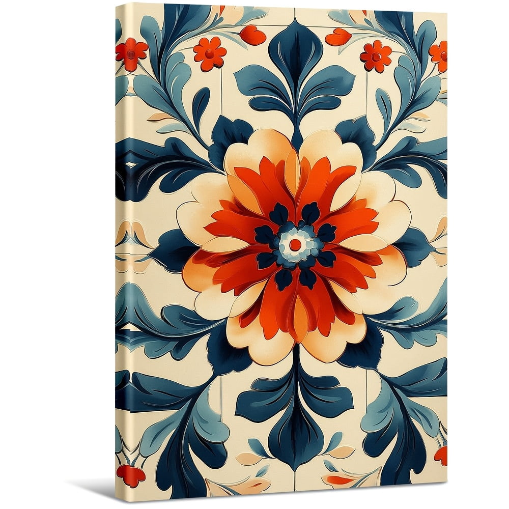 Symmetrical Floral Pattern With Orange And Blue Flowers.Large Framed ...