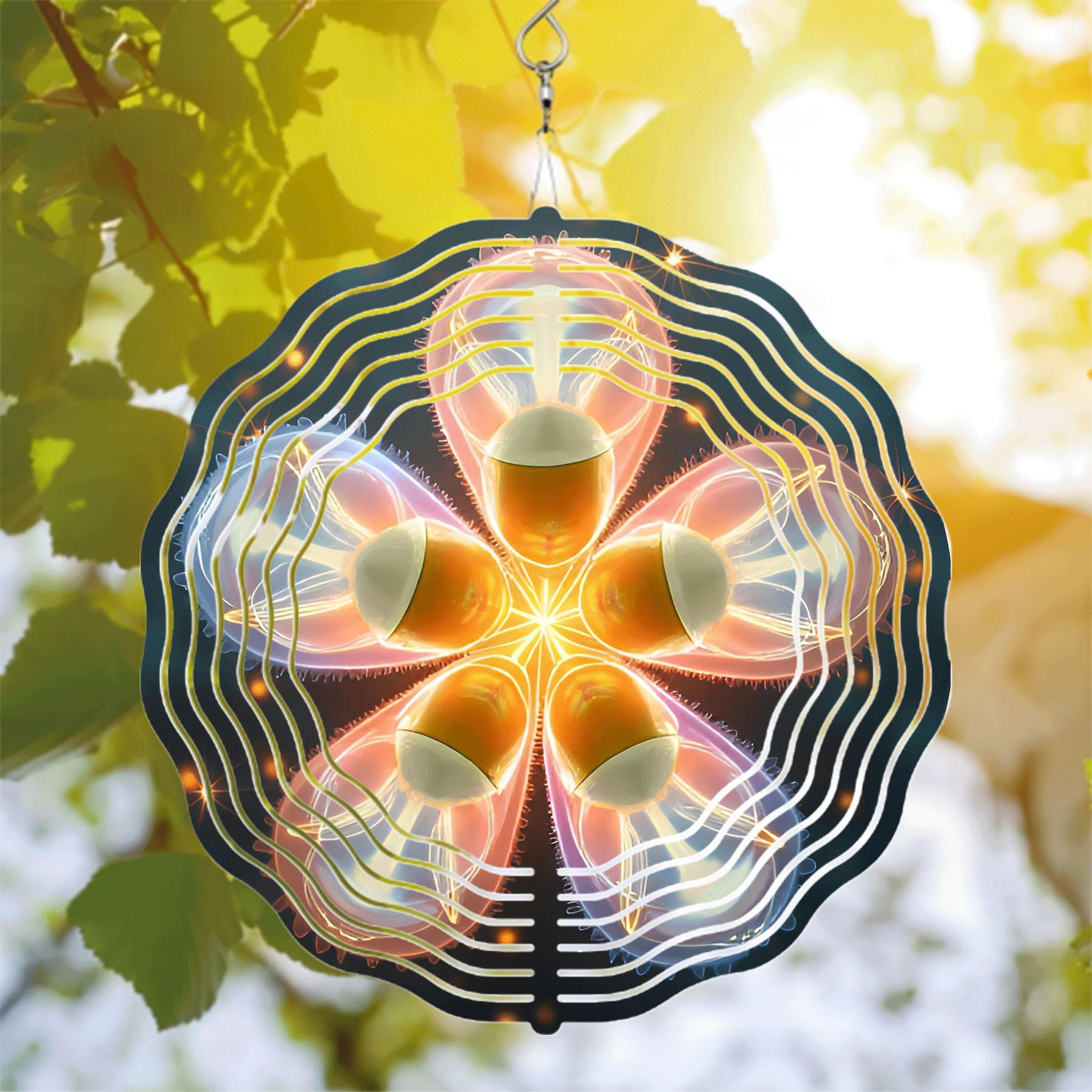 Symmetrical Metal Wind Spinner with Orange Flower Design & Radiating ...
