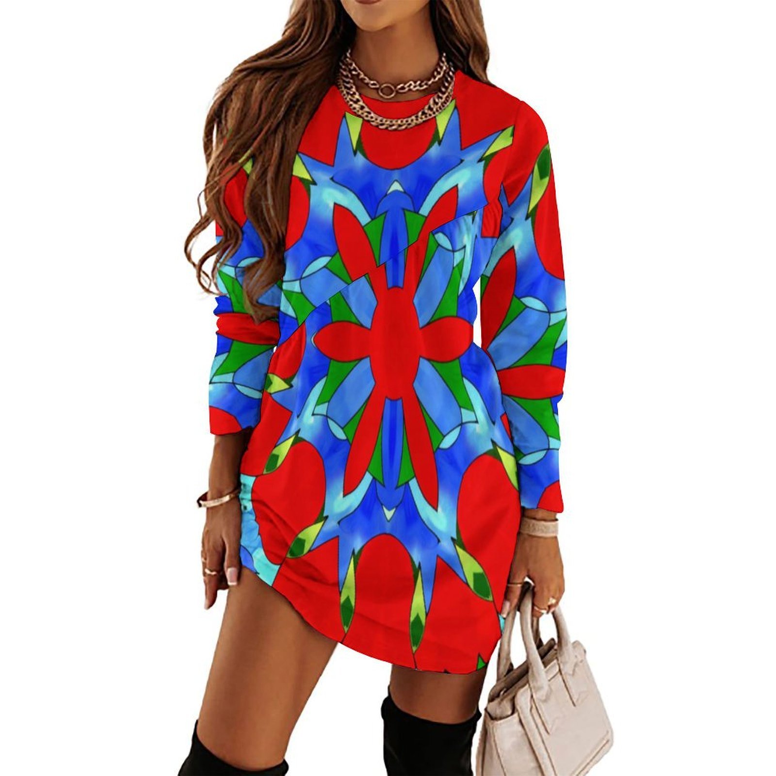 Symmetrical Red And Blue Design Loose Dress Evening Dress Summer ...