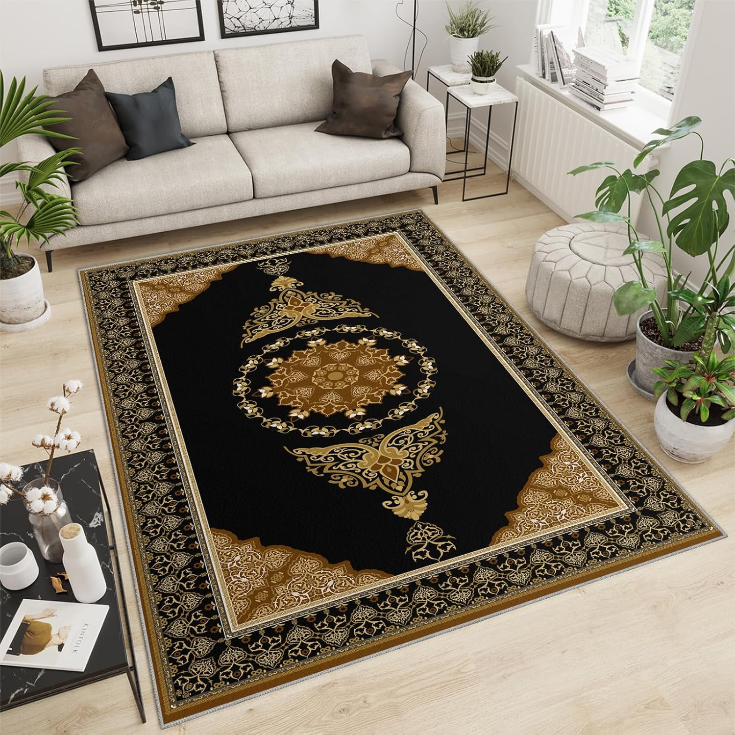 Symmetrical Retro Flowers Area Rugs, Black Gold Bohemian Ethnic Pattern ...