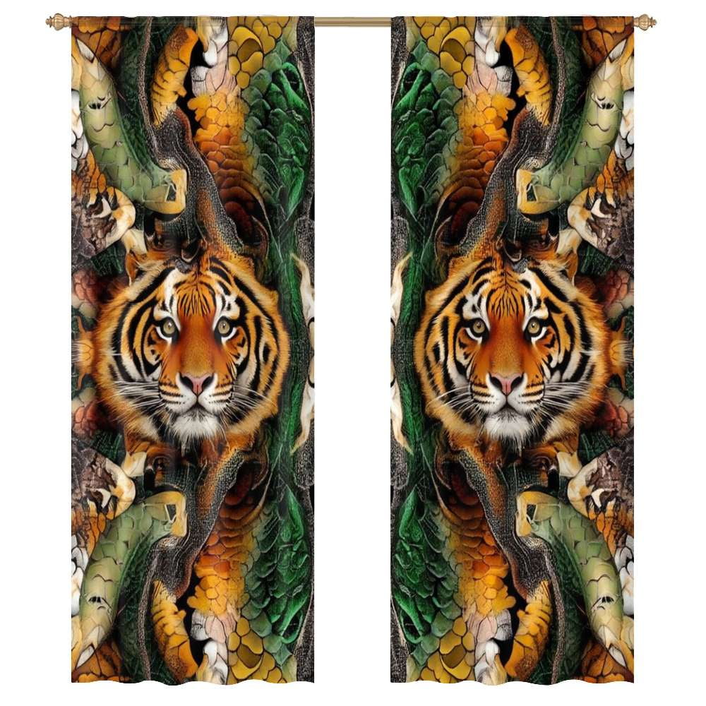 Symmetrical Tiger Jungle Pattern Modern Tulle Window Curtains for ...
