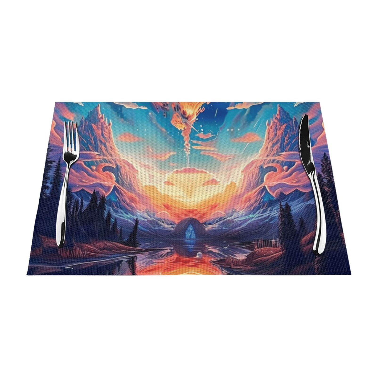 Symmetrical split mountain sunset Table mat can be wiped, dinner mat ...