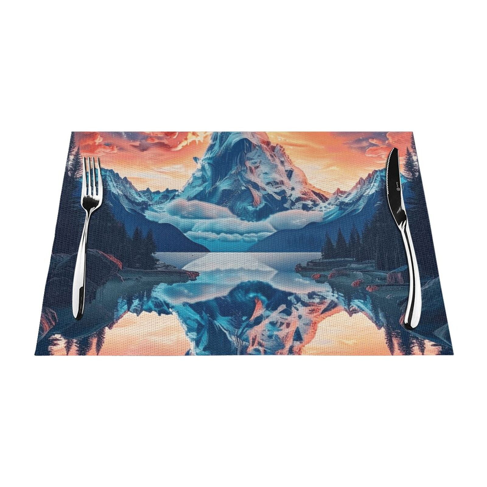 Symmetrical split mountain sunset Table mat can be wiped, dinner mat ...