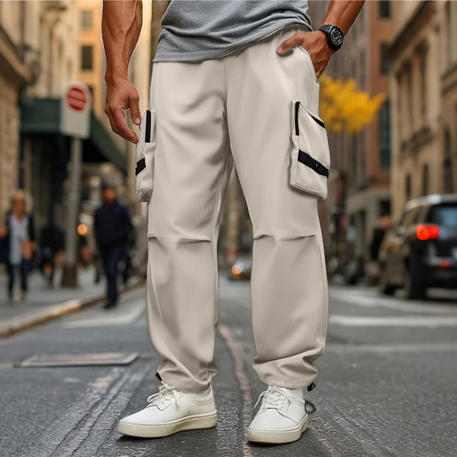 GUZOM Men's Khaki Cargo Pants (Size M) Polyester Loose Fit,Multi-Pocket ...