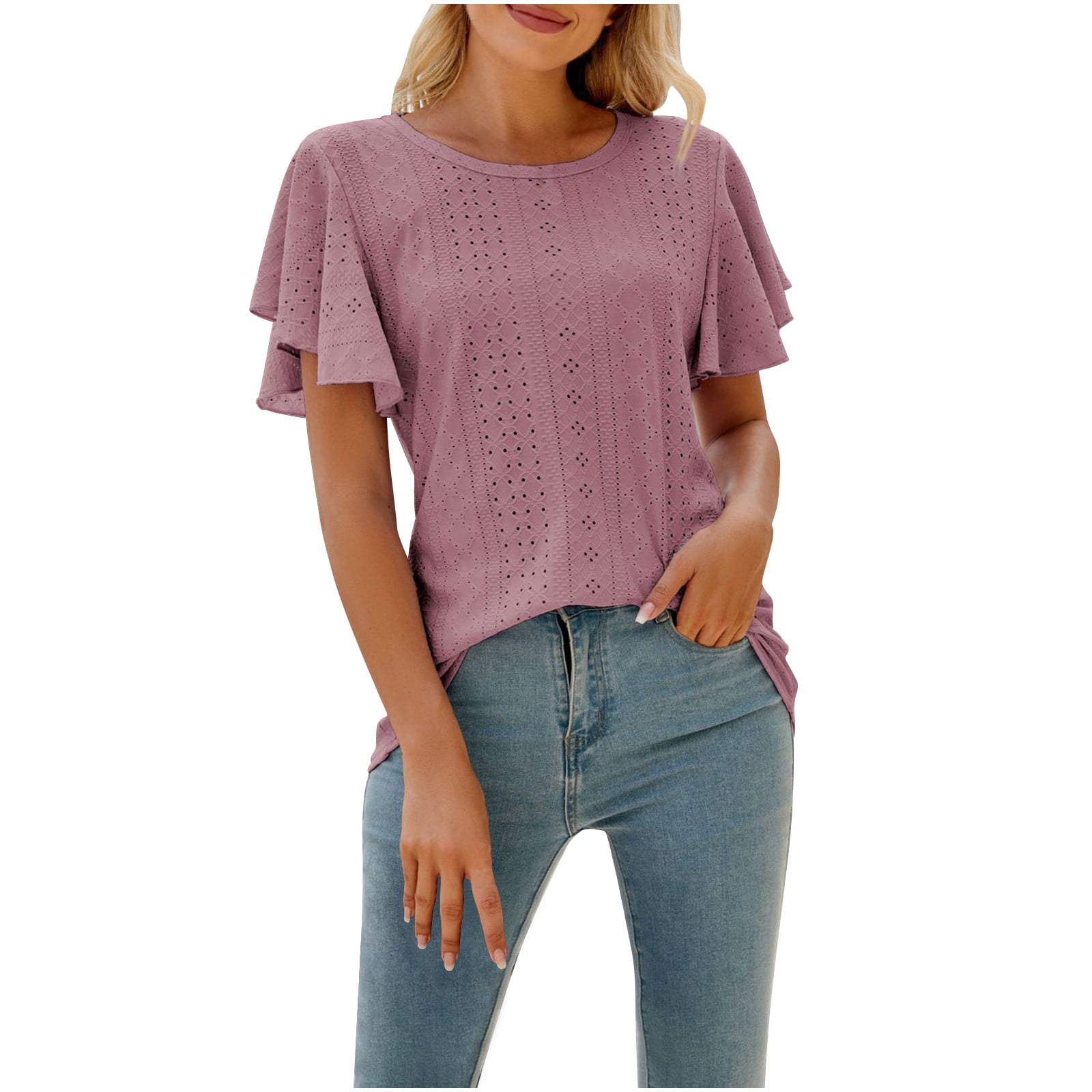 Symoid Shirts for Women,Flutter Sleeve Short Sleeve Womens Tops ...