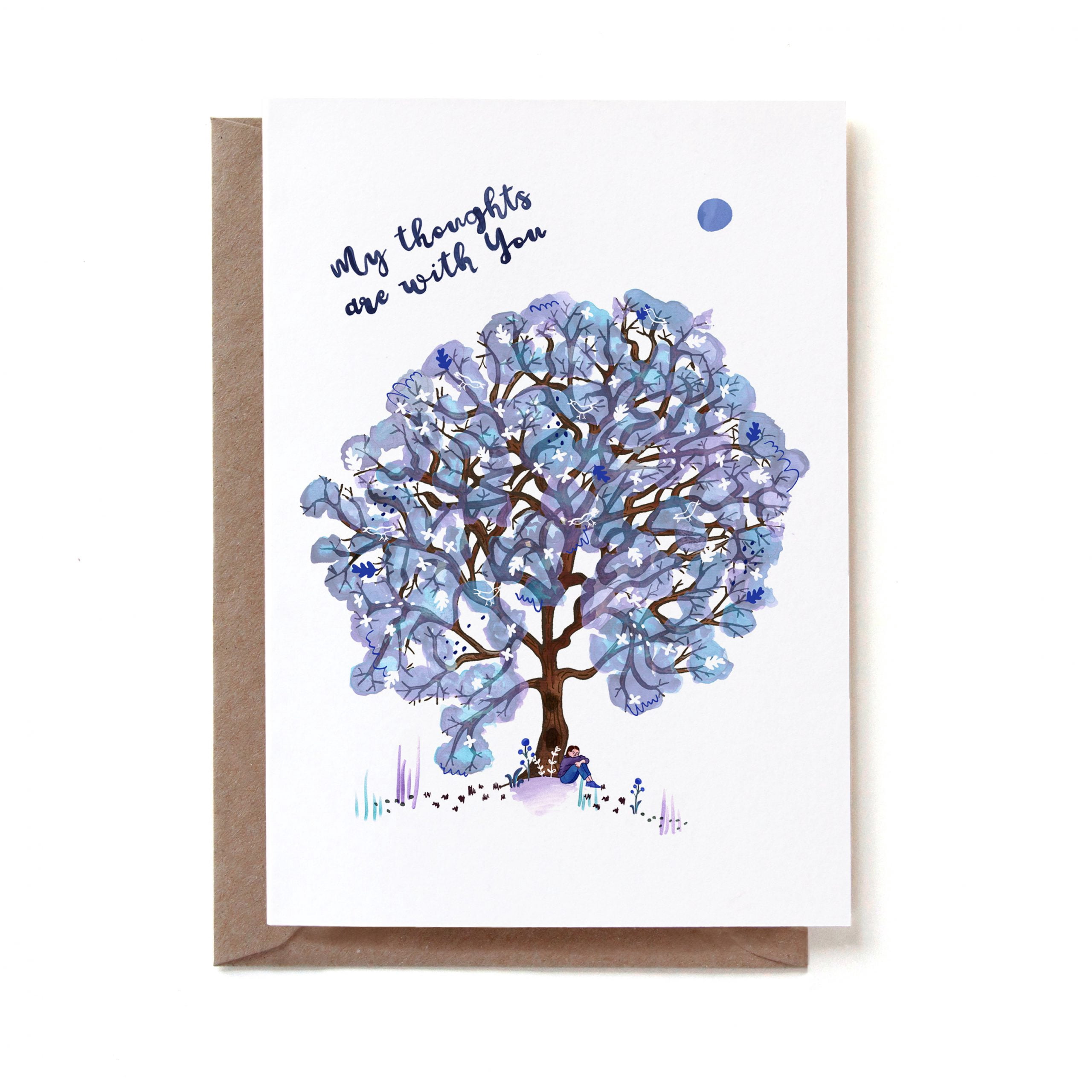 Sympathy Card with Beautiful Blue Tree Design – "My Thoughts Are With ...