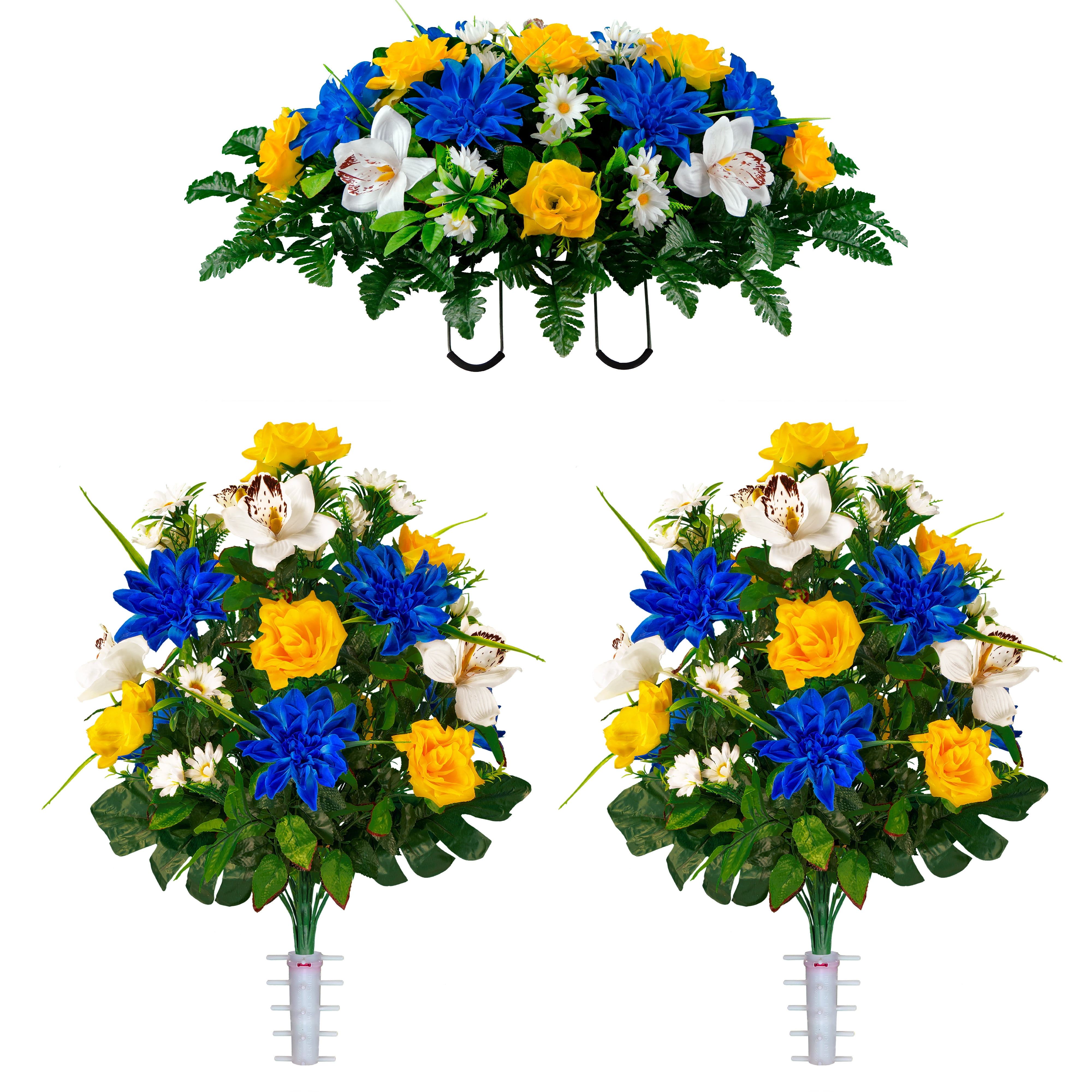 Sympathy Silks Artificial Cemetery Flowers Blue and Yellow Orchid Mix 2 ...