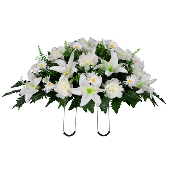 Sympathy Silks Artificial Cemetery Flowers Cream Lily Carnation and ...