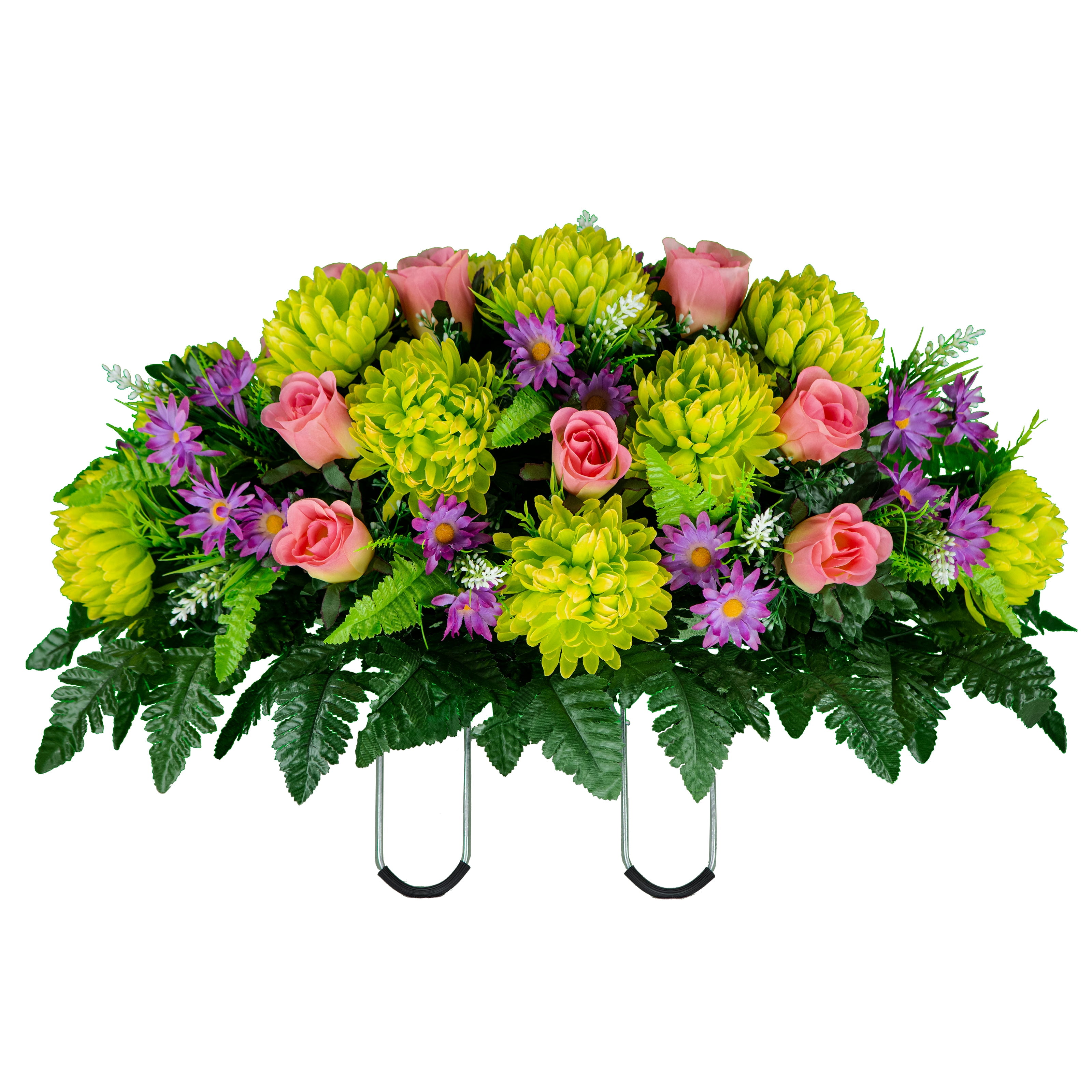 Sympathy Silks Grave Floral Arrangements - Saddle with Lime Mum and ...