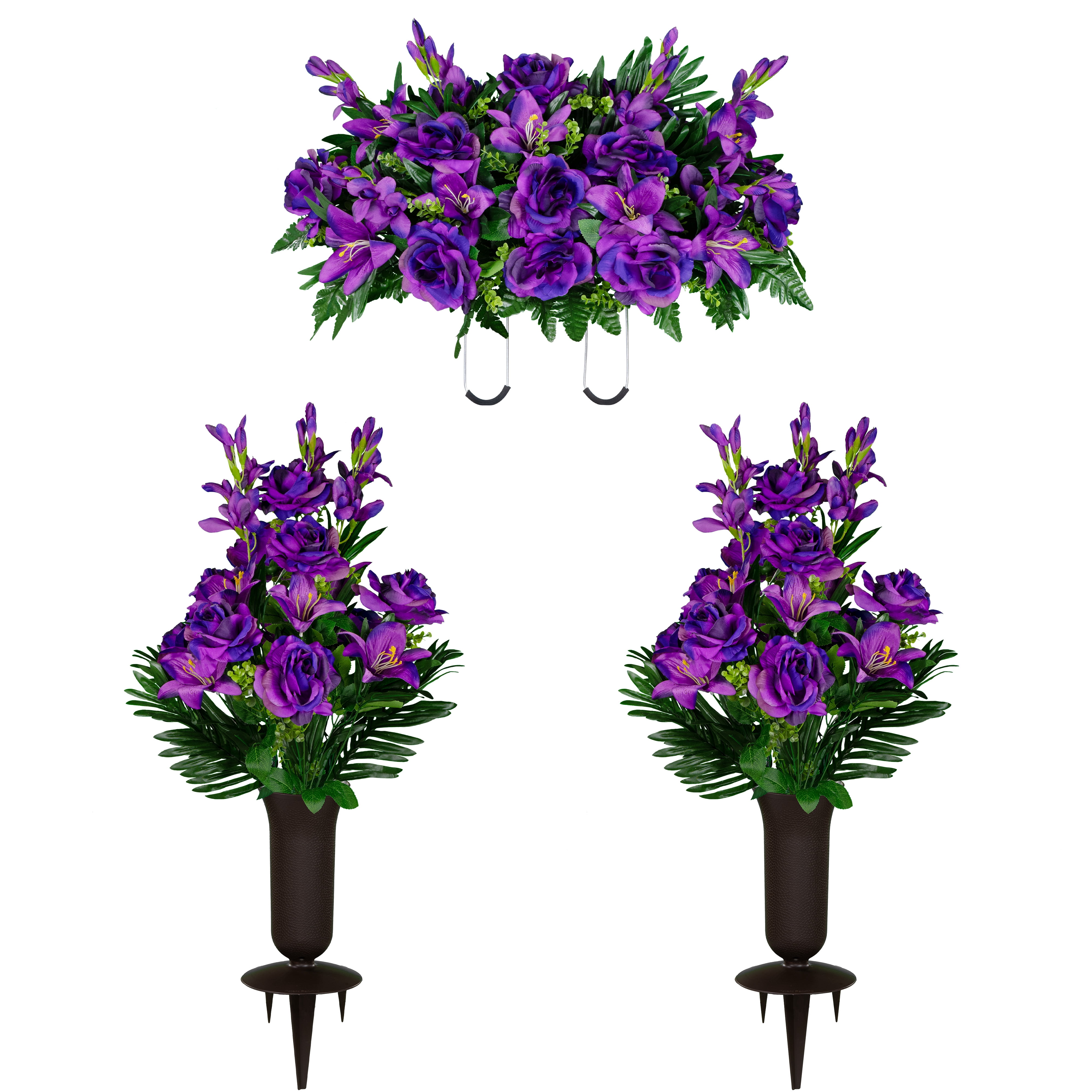 Sympathy Silks Artificial Cemetery Flowers Purple Gladiolus Rose and ...