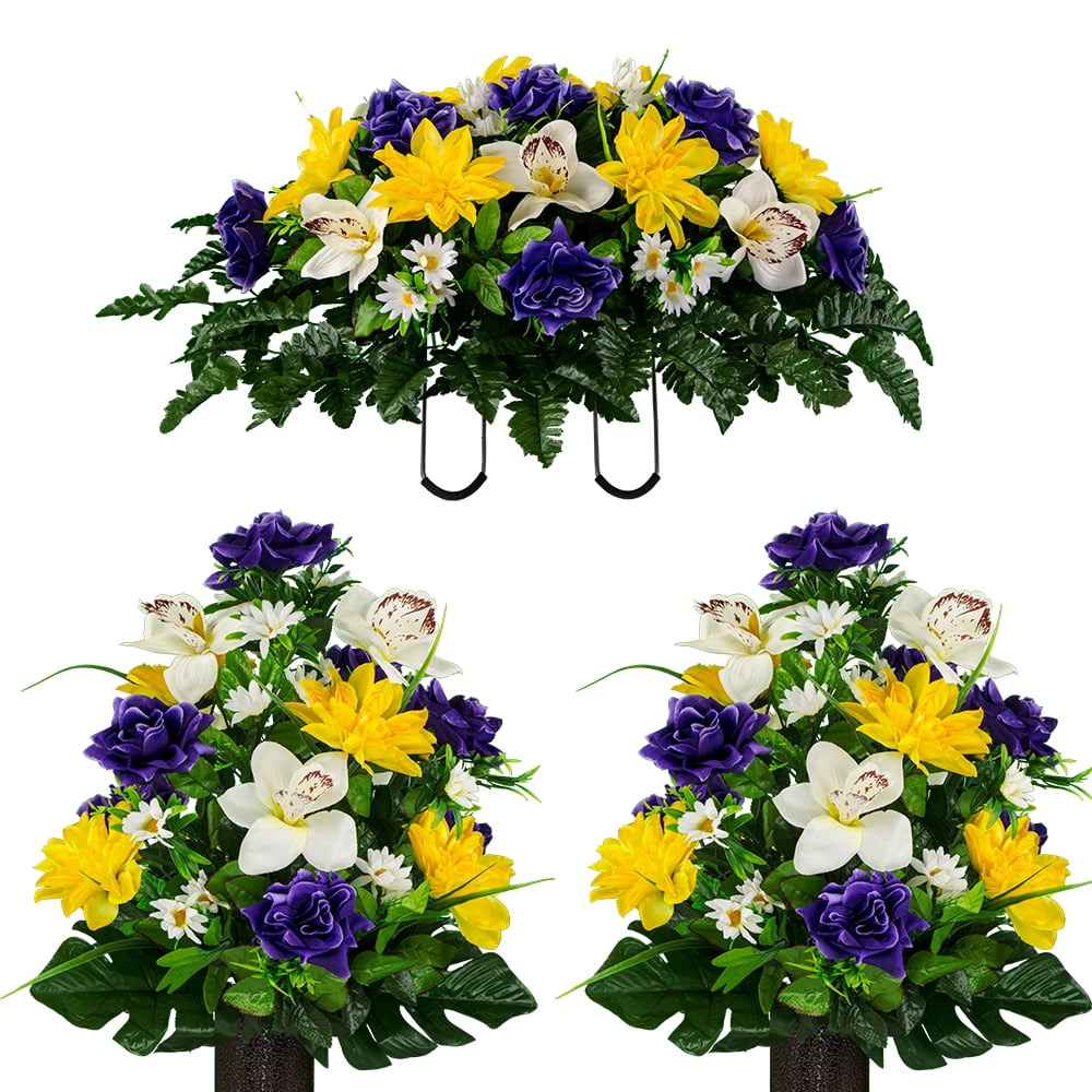 Sympathy Silks Artificial Cemetery Flowers Purple Yellow with White ...