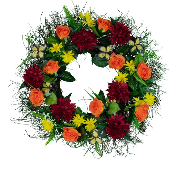 Sympathy Silks Burgundy and Orange Fall Mix Grapevine Wreath with Door ...