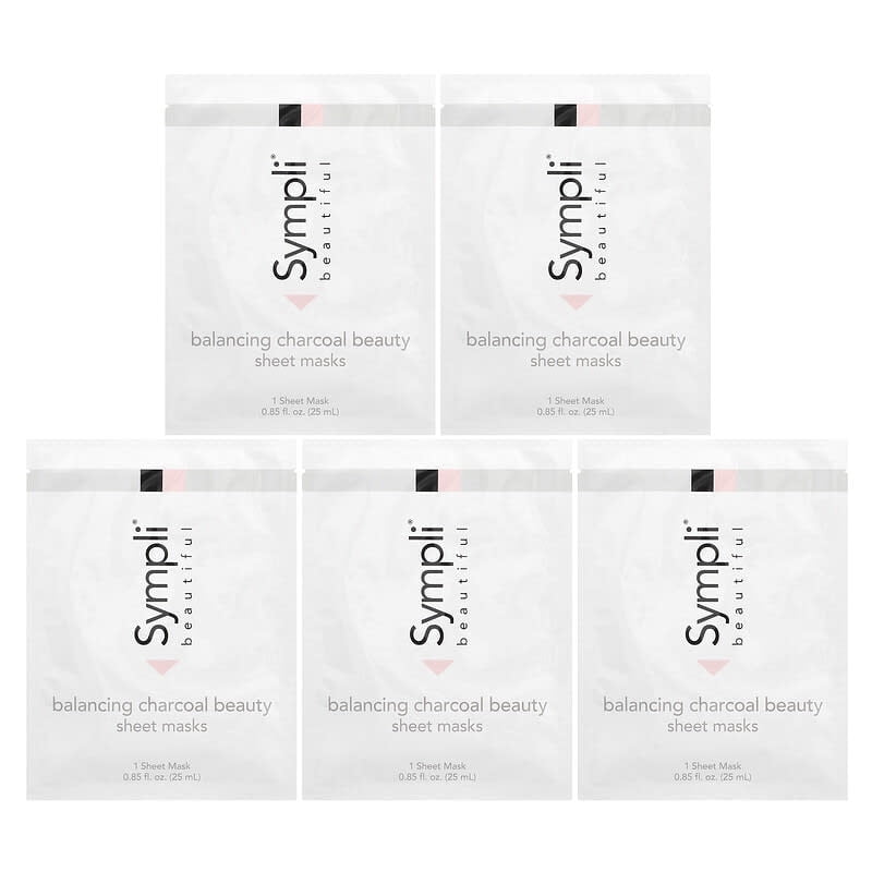 Sympli Beautiful, Balancing Charcoal Beauty Sheet Masks, 5 Sheet Masks, 0.85 fl oz (25 ml) Each ...