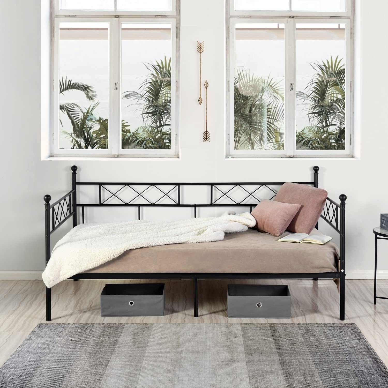 Symylife Classic Twin Daybed Metal Bed Frame with Headboard, Sturdy ...