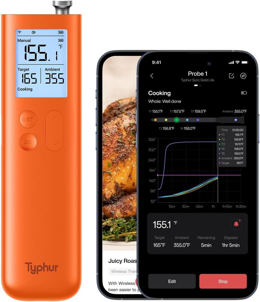 Sync Gold Wireless Meat Thermometer, Enhanced 10X Sub-1G Signal and ...