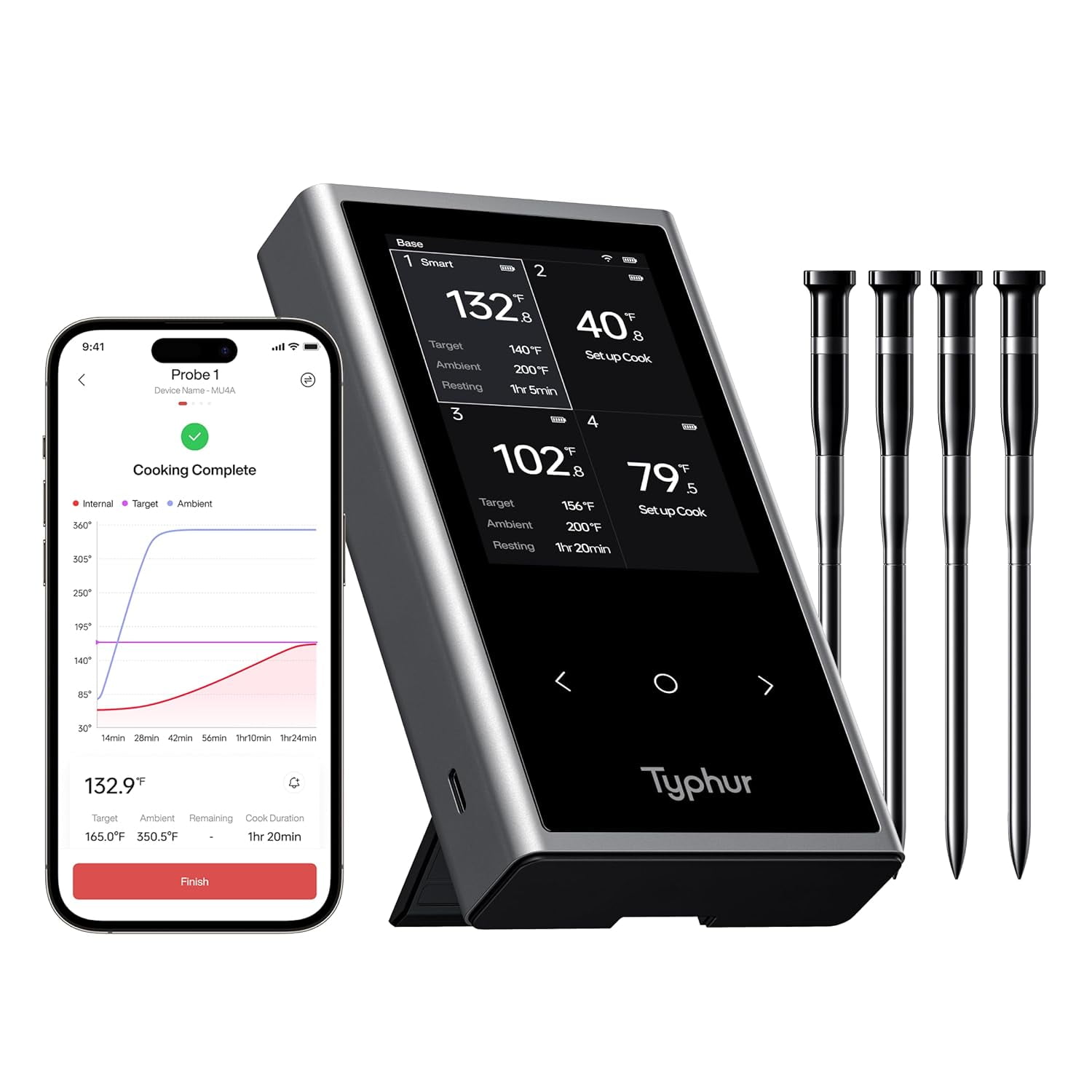 Sync Wireless Meat Thermometer Quad | 4 Probes | 6 Sensors | LCD ...