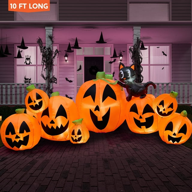 Syncfun 10 FT Halloween Inflatable Long Pumpkin with Witch's Cat ...