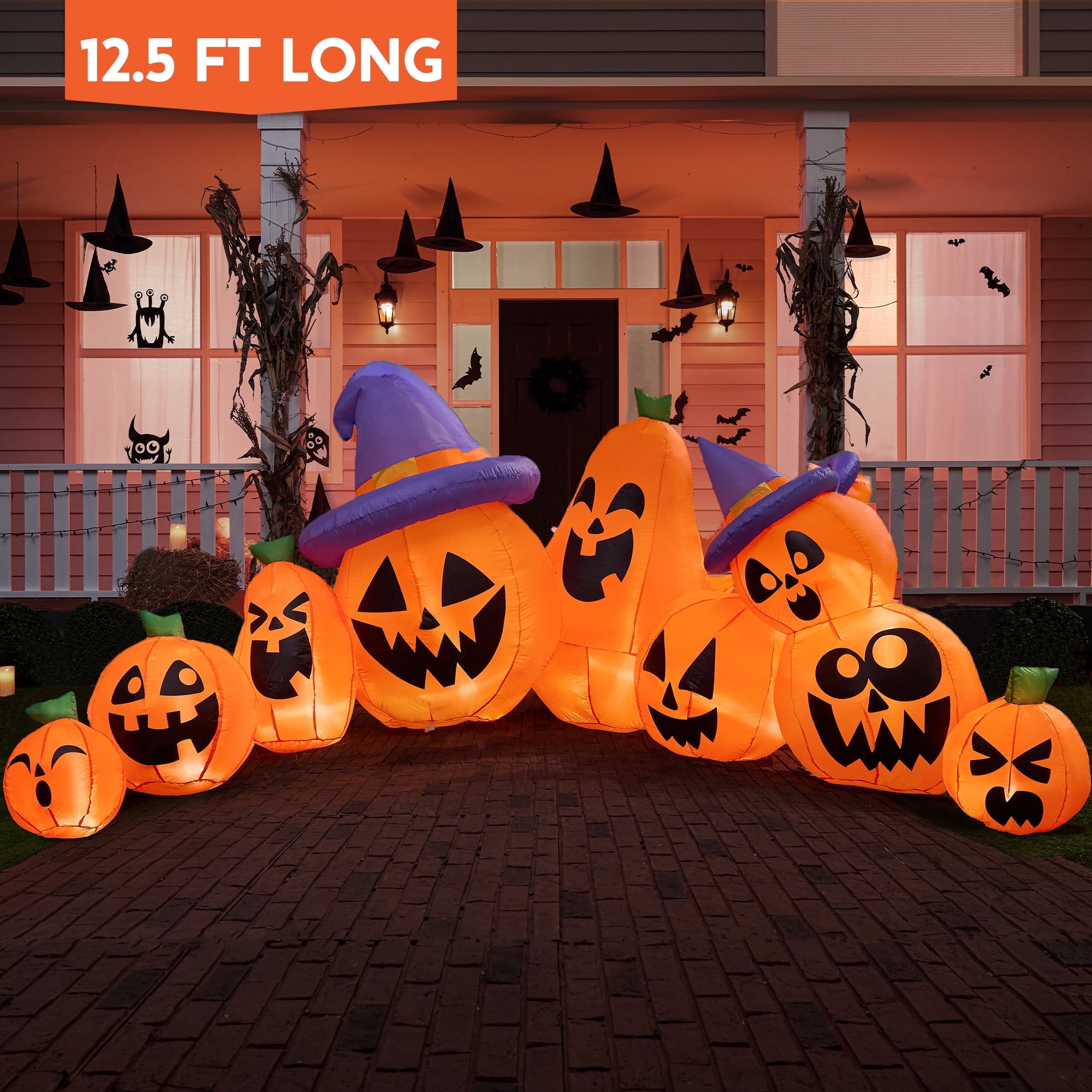 Joyfy 12.5 FT Halloween Inflatable Long Pumpkin with Witch Hat ...
