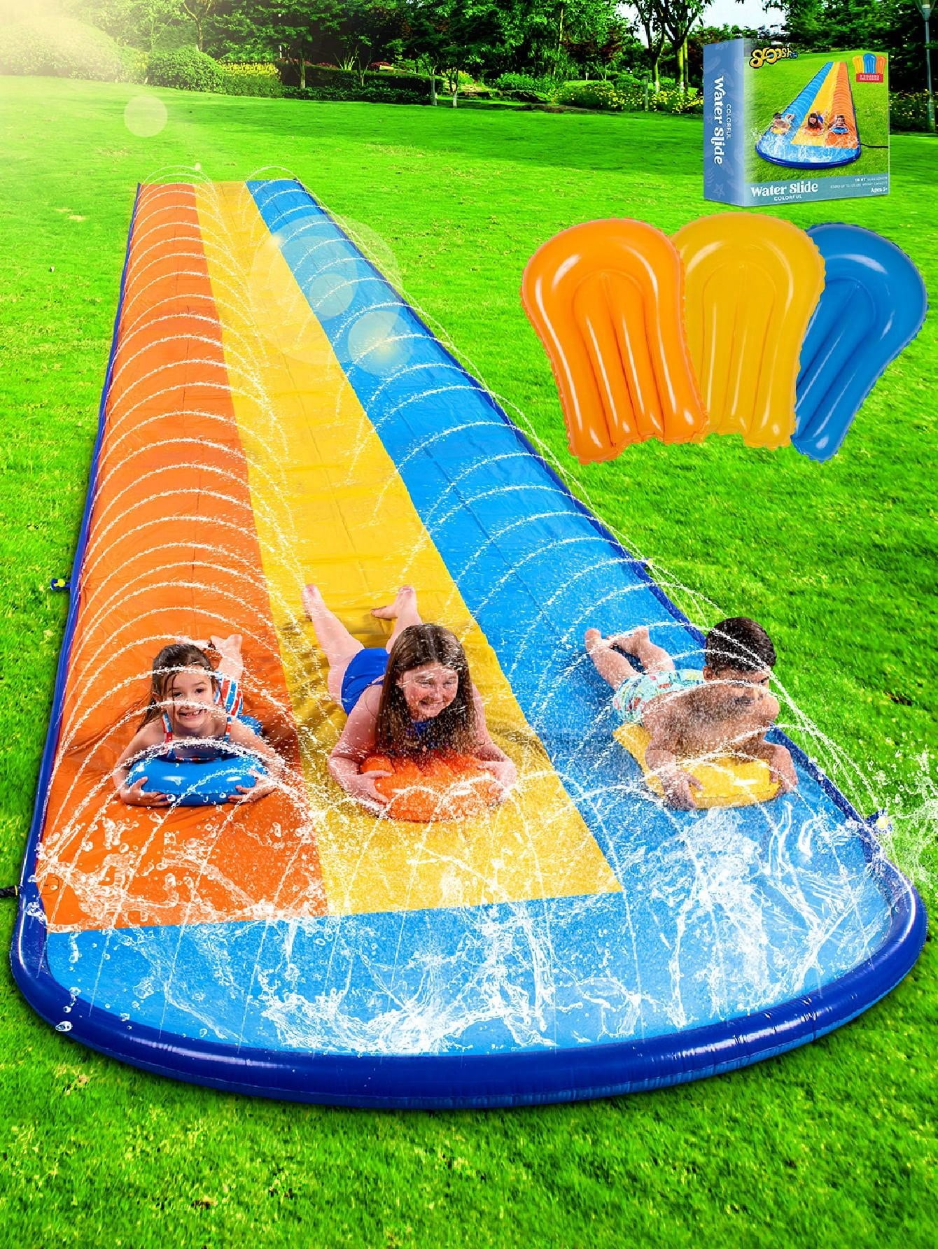 Syncfun 18ft Triple Water Slide And 3 Bodyboards, Backyard Lawn Water ...