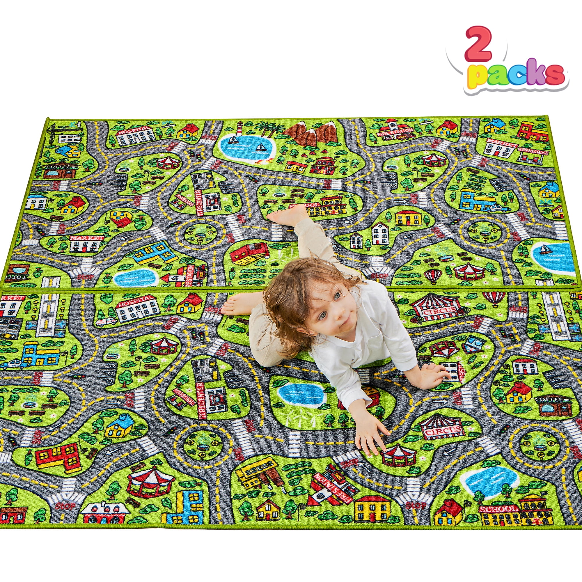 Syncfun 2 Pack Kids Car Rug for Playroom, Jumbo Car Play Mat for ...