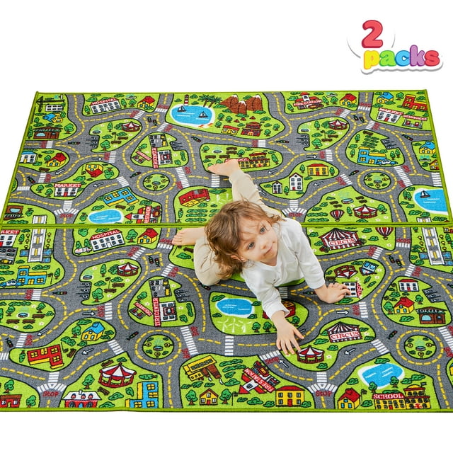 Syncfun 2 Pack Kids Car Rug for Playroom, Jumbo Car Play Mat for ...