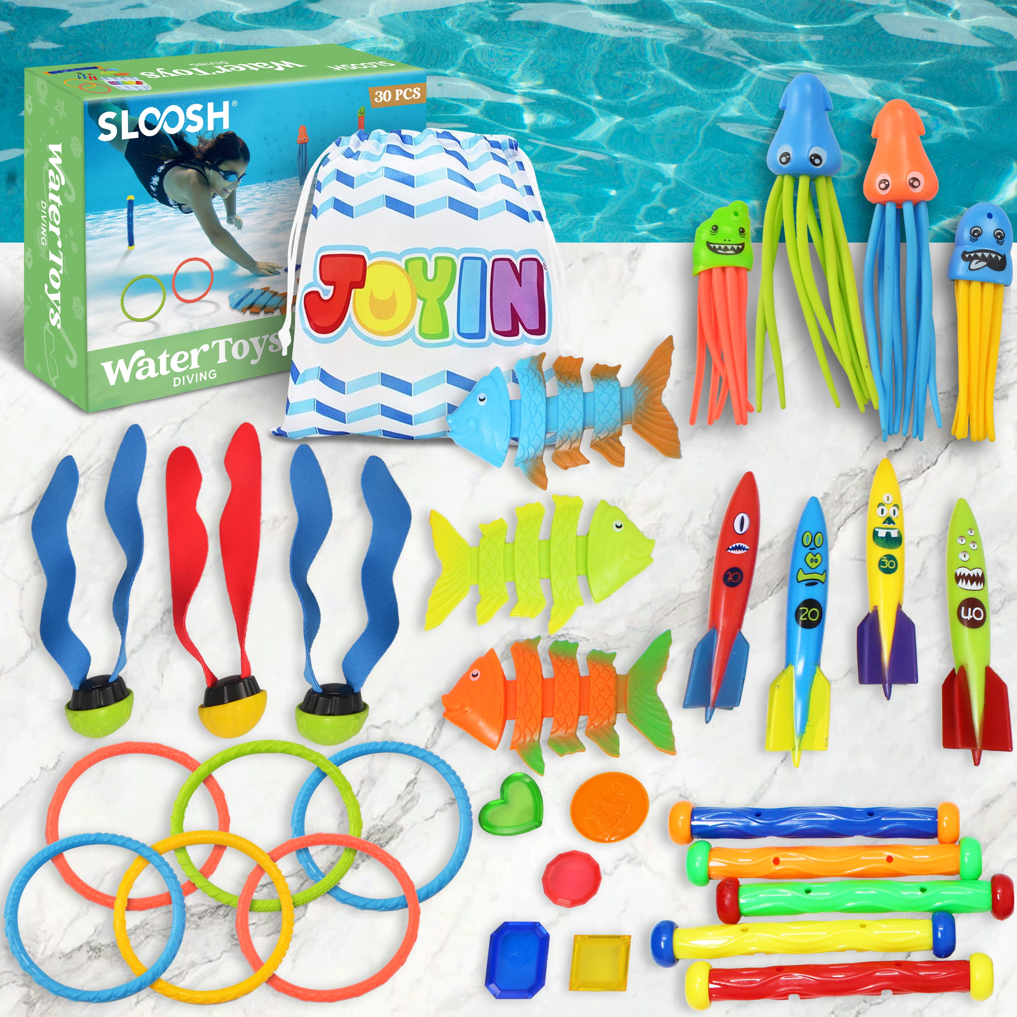 Syncfun 30 Pcs Diving Pool Toys for Kids, Jumbo Set with Storage Bag ...