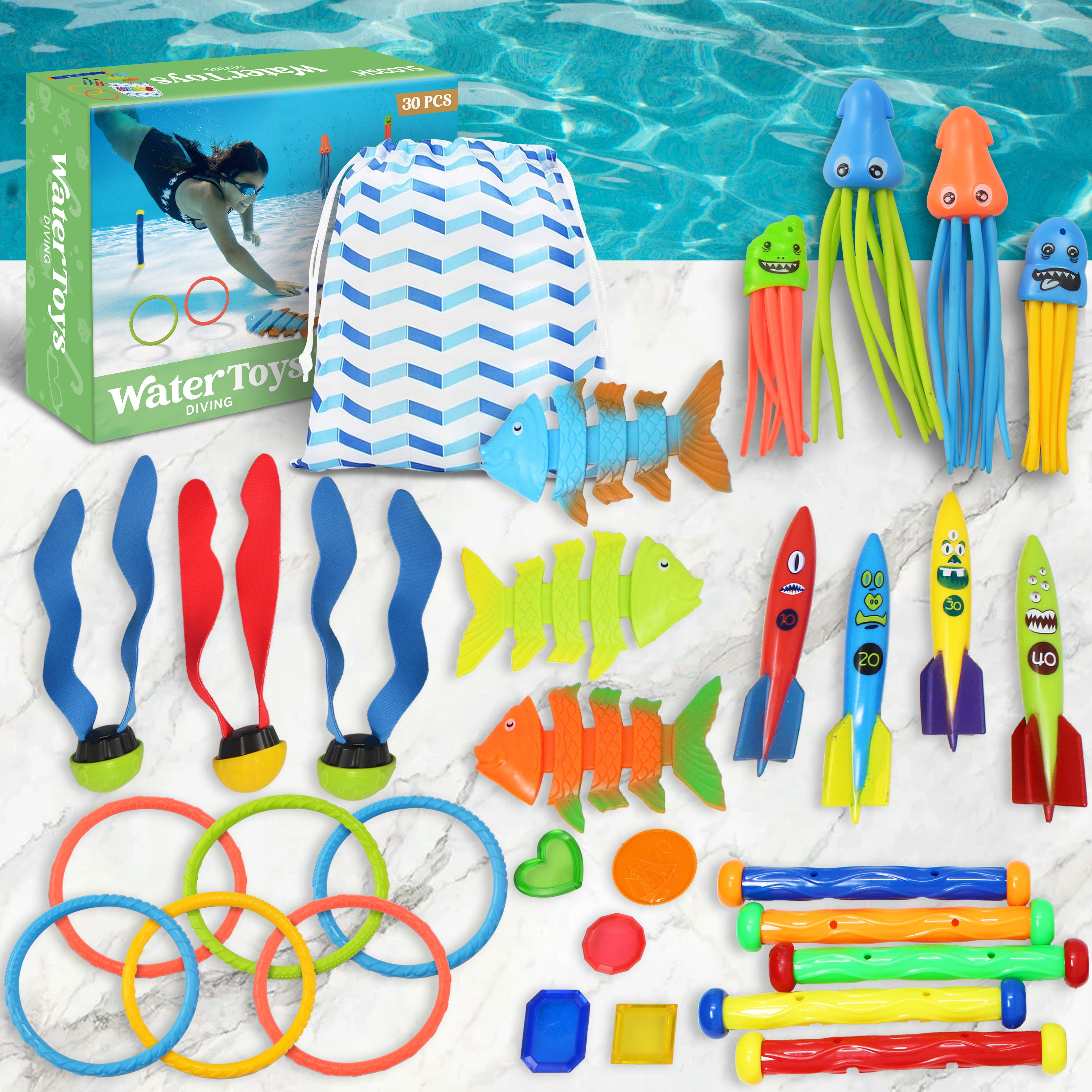 Syncfun 30 Pcs Jumbo Diving Pool Toys Set for Kids, Underwater Games ...