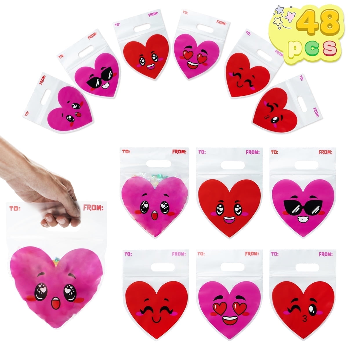Syncfun 48 PCS Valentine's Day Cellophane Bags, Red Heart, Kids Party ...