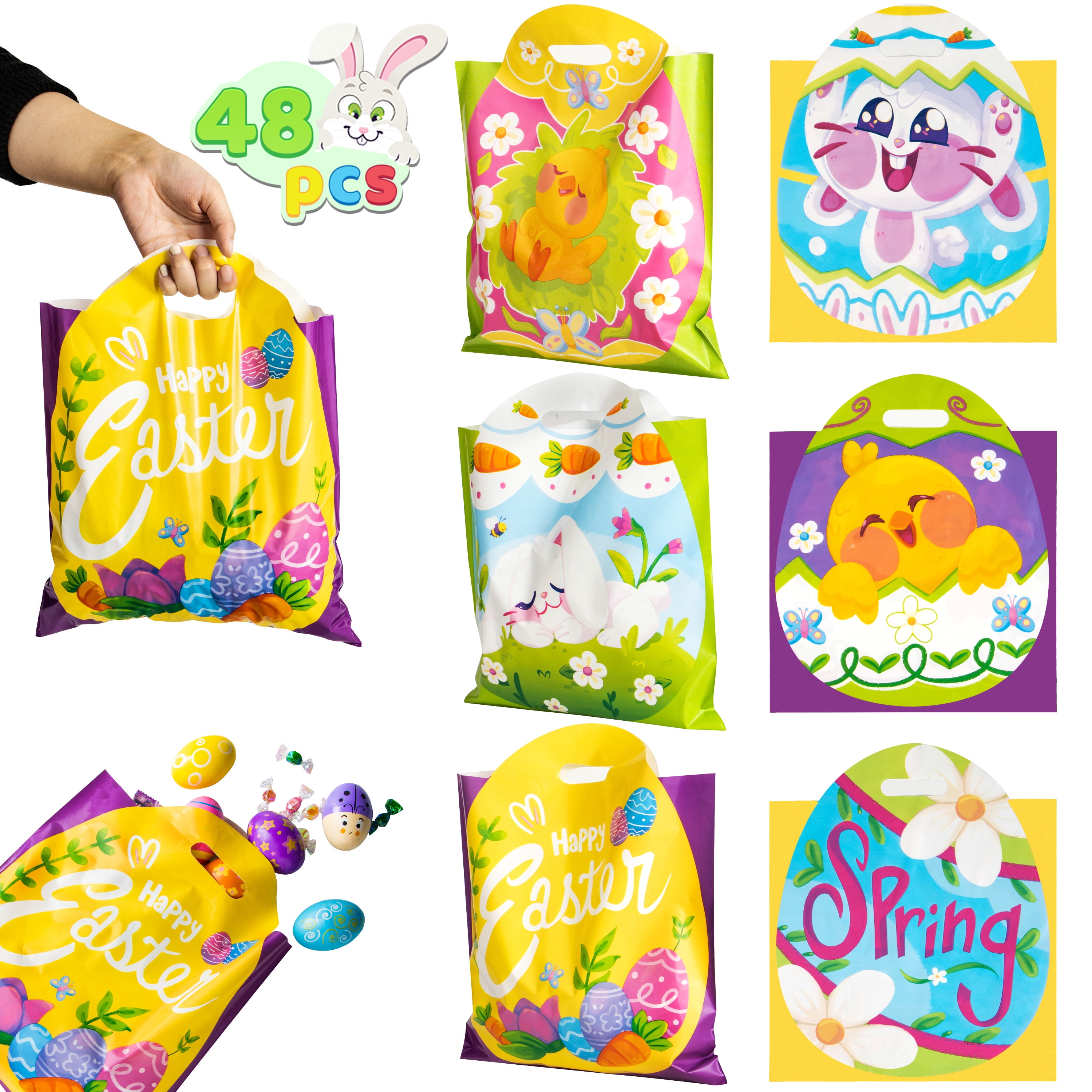SYNCFUN 48 Pcs Easter Gift PE Bags for Kids, Large Easter Treat Tote ...