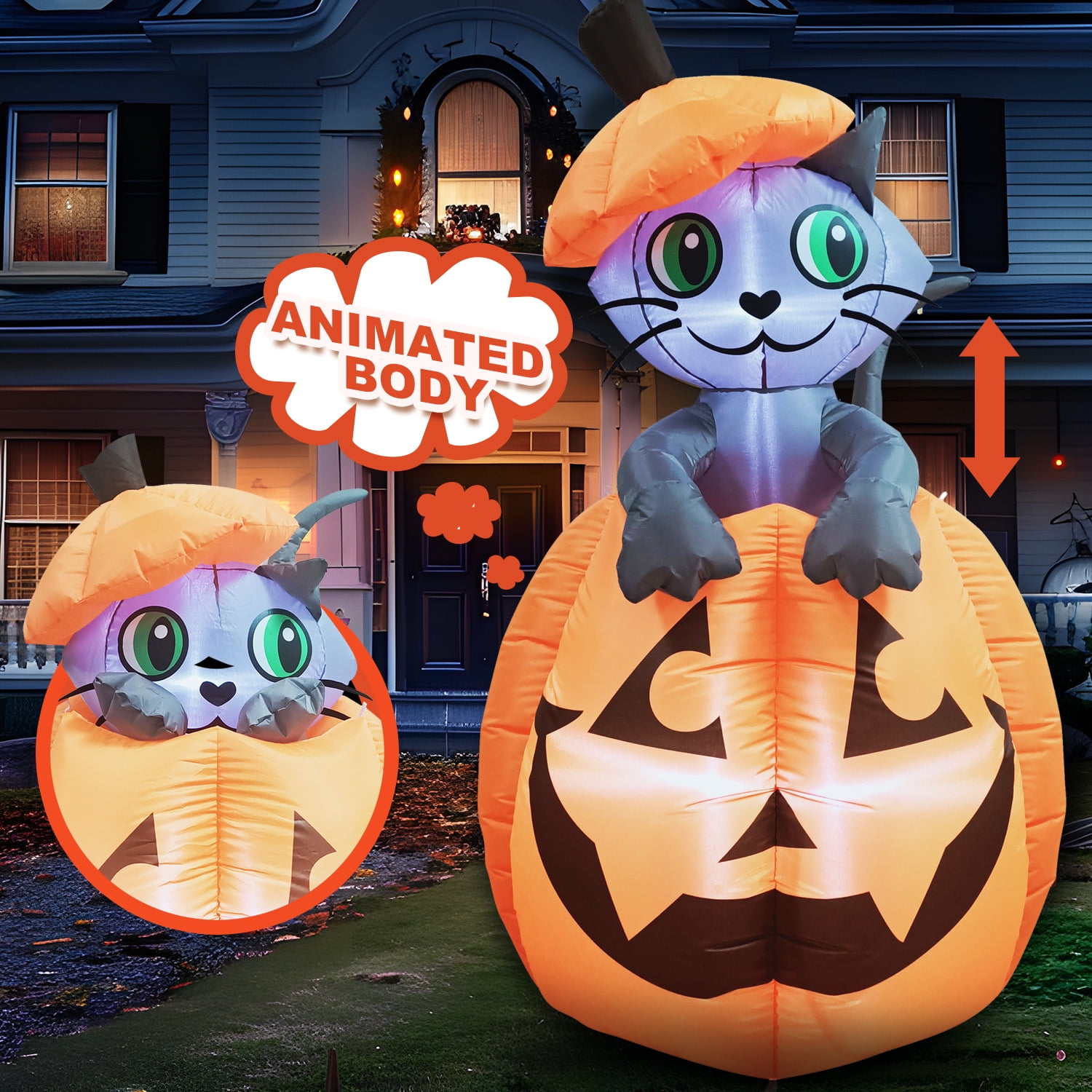 Syncfun 5 FT Halloween Inflatable Animated Kitty Cat On Pumpkin ...