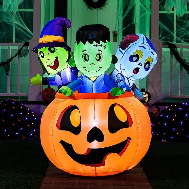 Joyfy 5 FT Halloween Inflatable Characters on Pumpkin Inflatable with ...