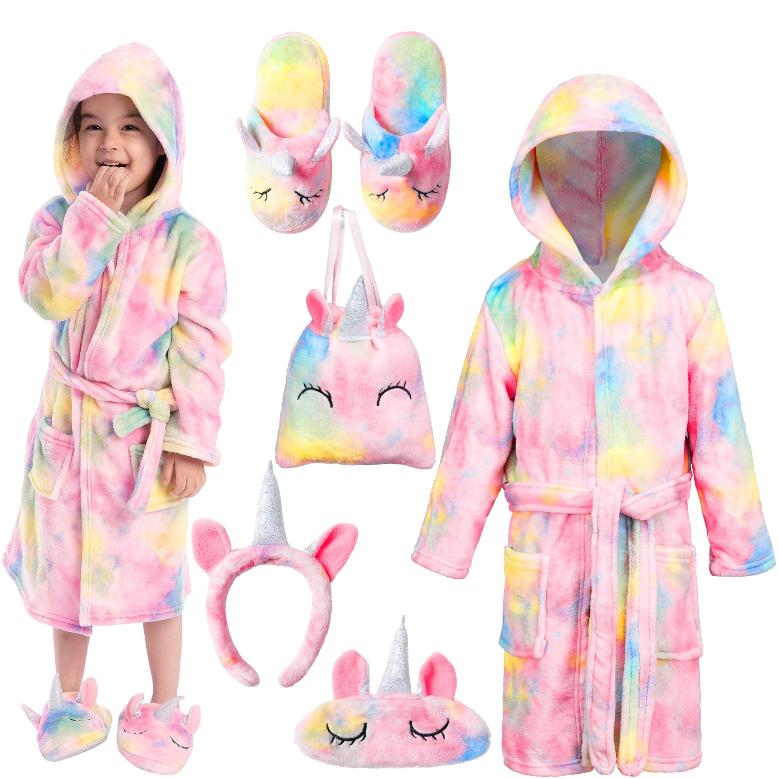 Joyfy 5 Pcs Unicorn Girls Robe Set,Soft Kids Pajamas Hooded Robe with ...