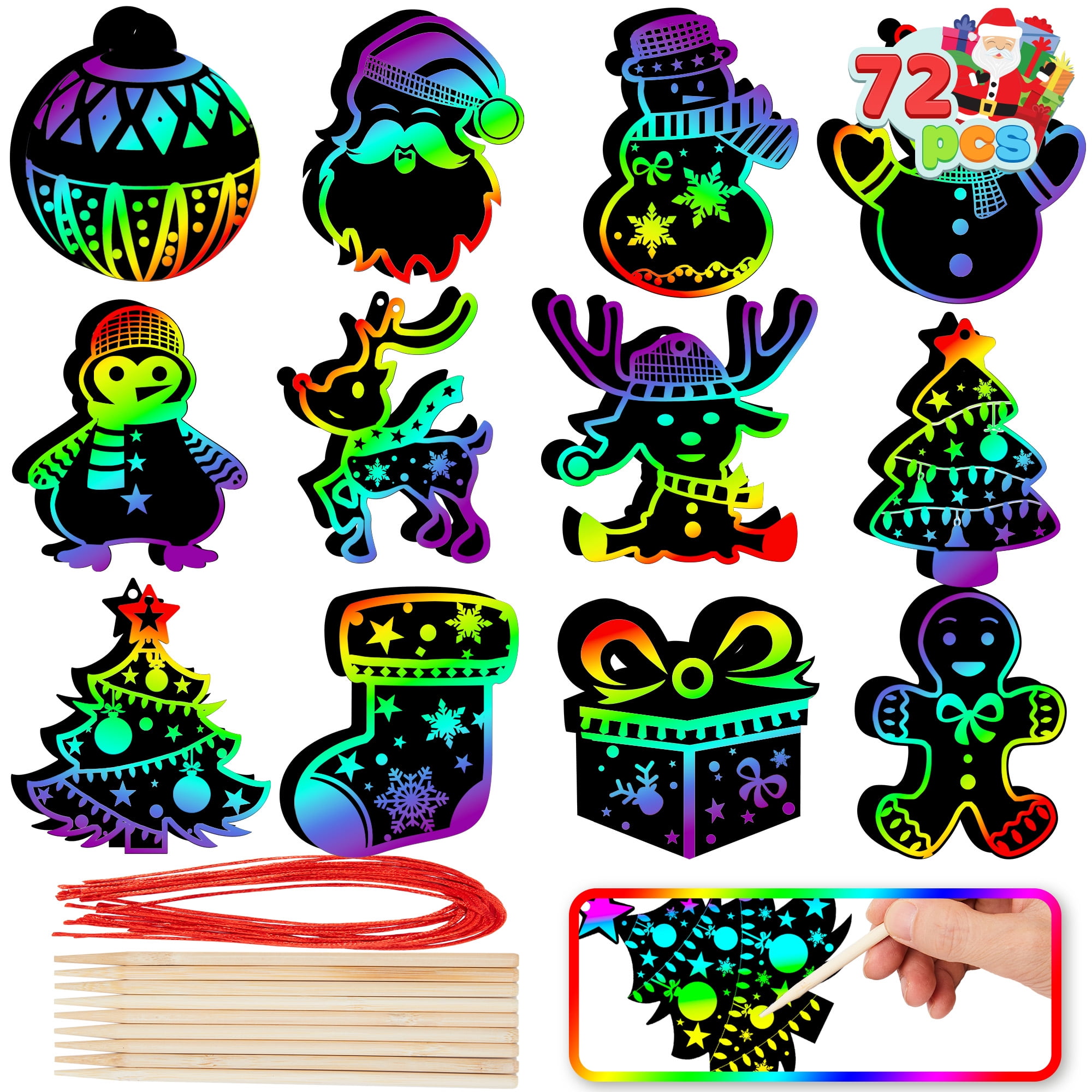 Syncfun 72 Pcs Christmas Scratch Art Ornaments, Rainbow Color Scratch ...