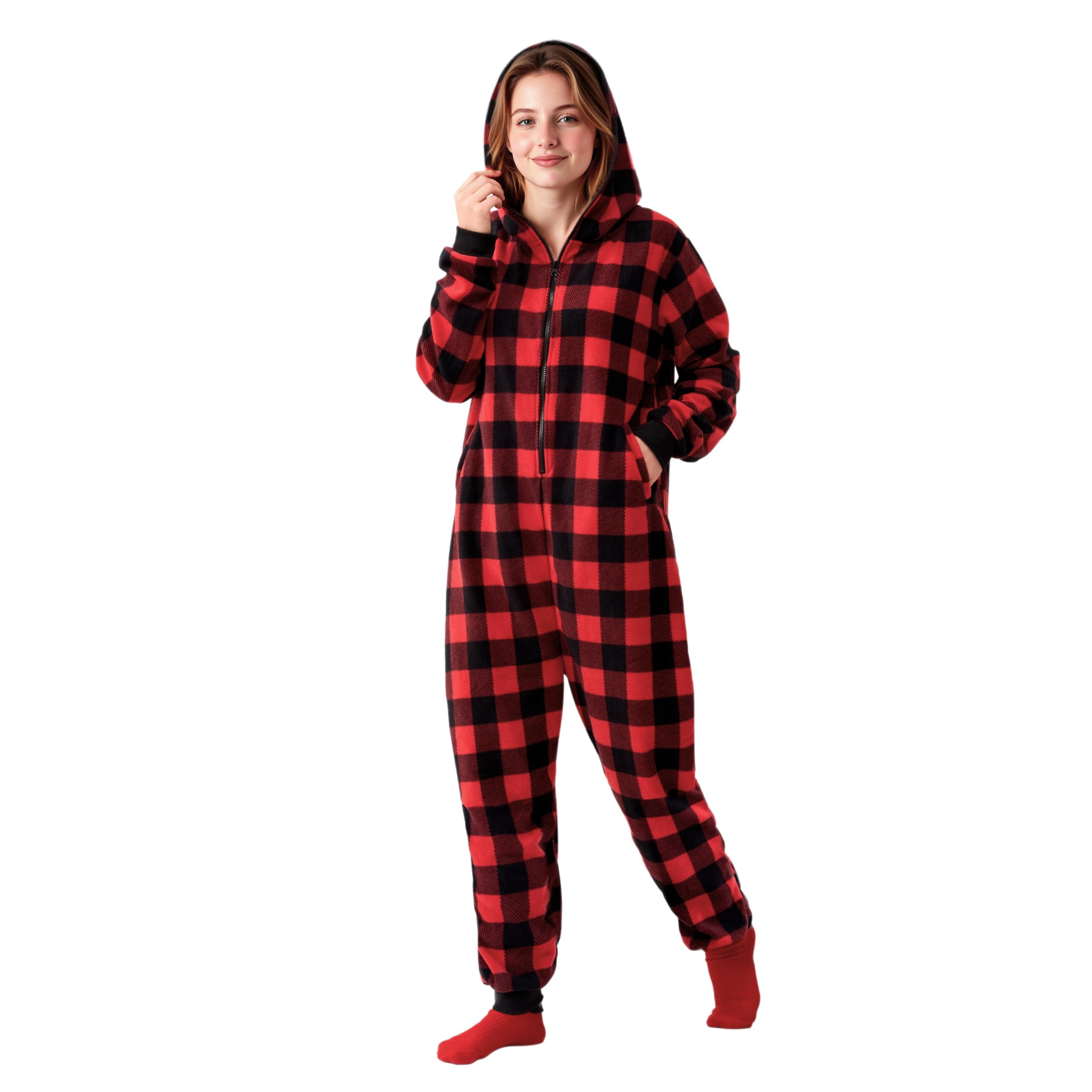 Joyfy Women's Christmas Pajamas, Adult Fleece Plaid Hooded Full Zip One ...