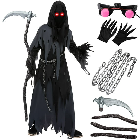 Joyfy Glowing Eyes Grim Reaper Costume for Kids, Dark Knight Reaper ...