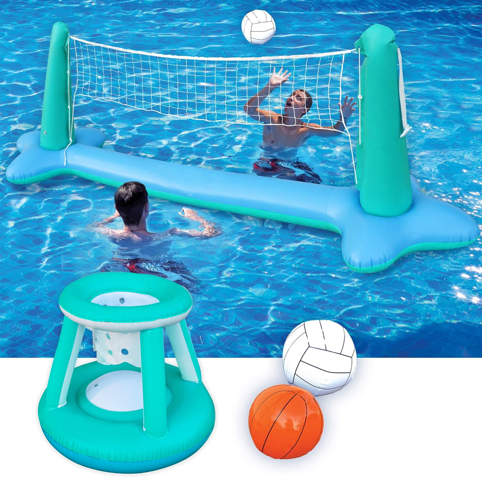 SYNCFUN Inflatable Pool Float Set with Volleyball Net and Basketball ...