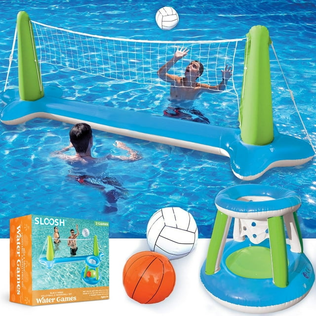Syncfun Inflatable Pool Game Set - Volleyball Net, Basketball Hoops, Summer Swim Toys - Green ...