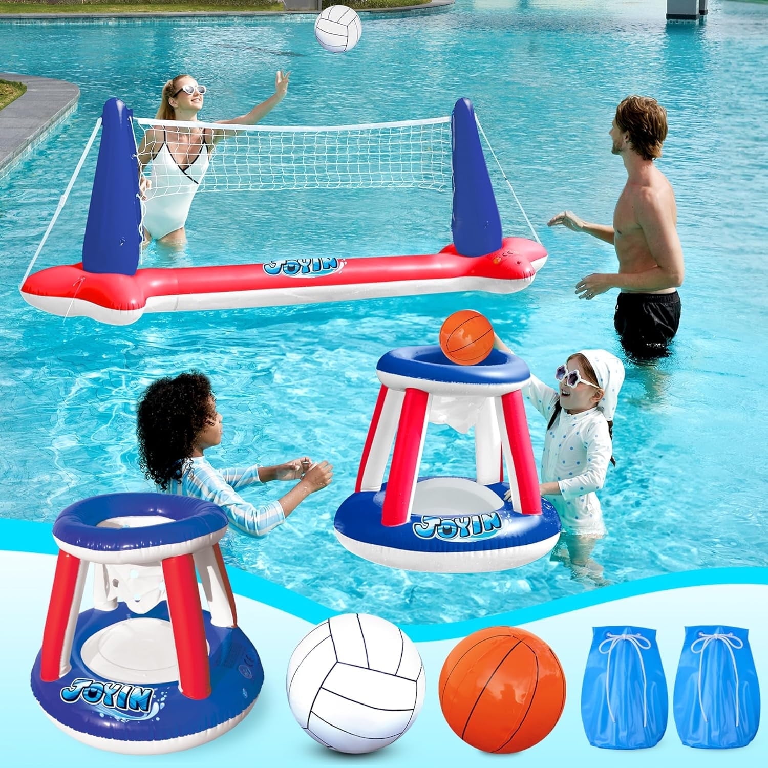 Syncfun Inflatable Pool Game Set, Volleyball Net & Basketball Hoops for ...