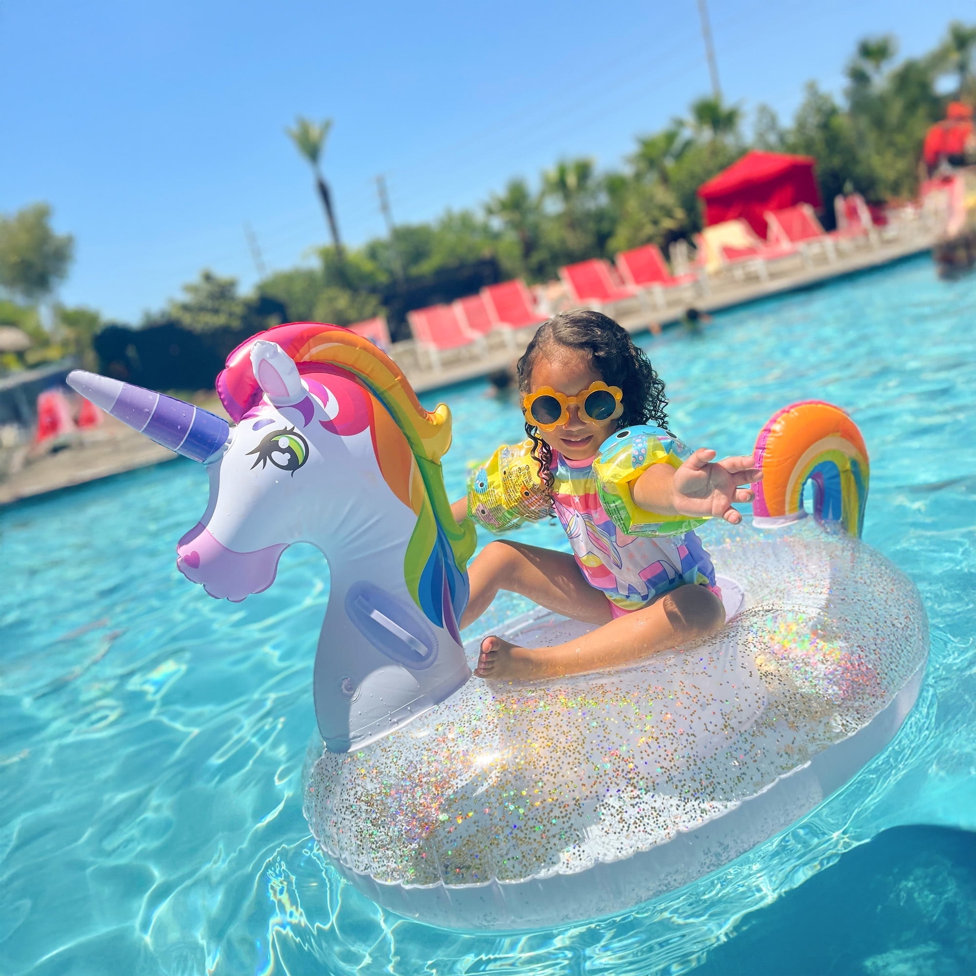SYNCFUN Inflatable Unicorn Pool Float with Glitters, Kids Pool Toys ...