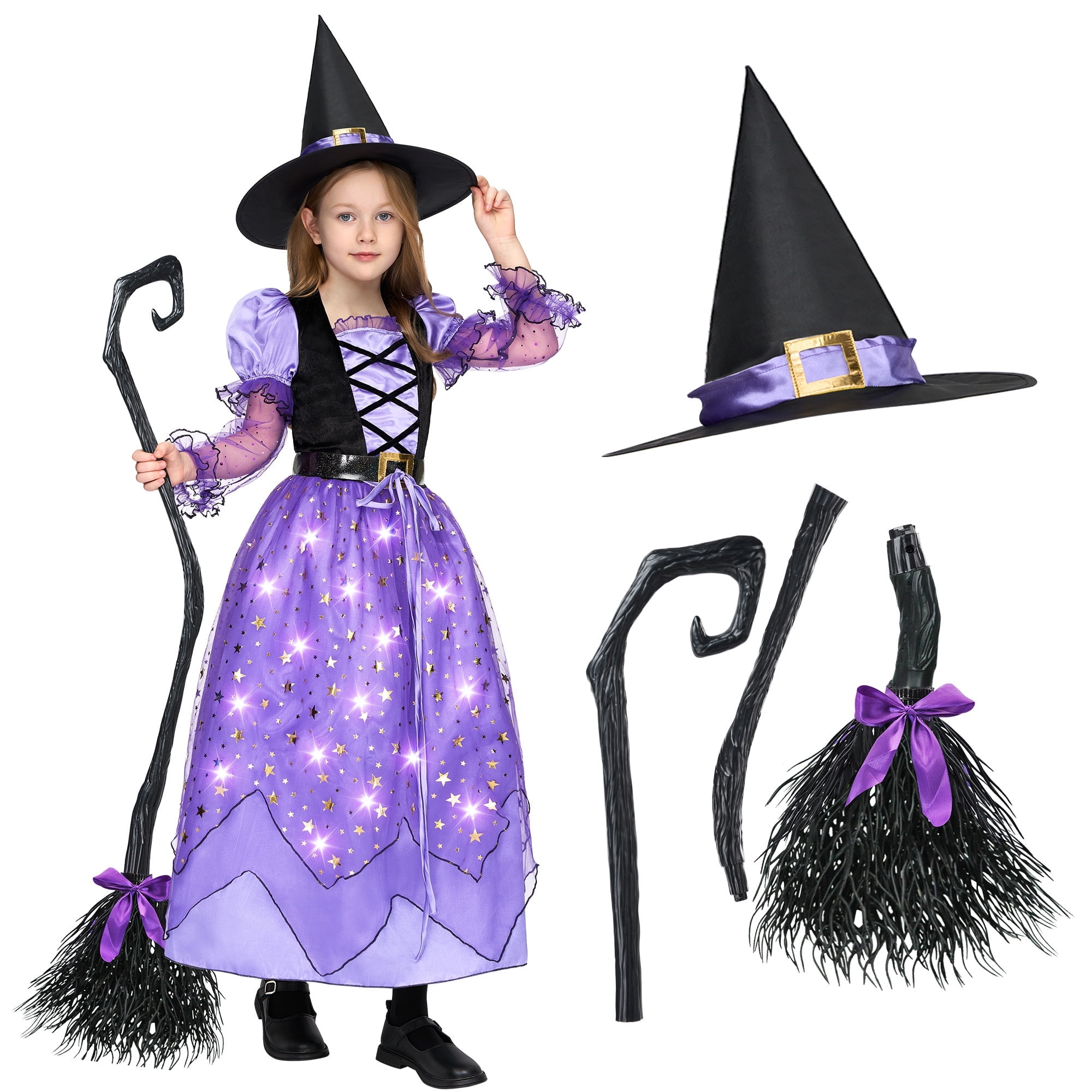 Joyfy Light Up Witch Costume Set for Girls, Starry Witch Dress with ...