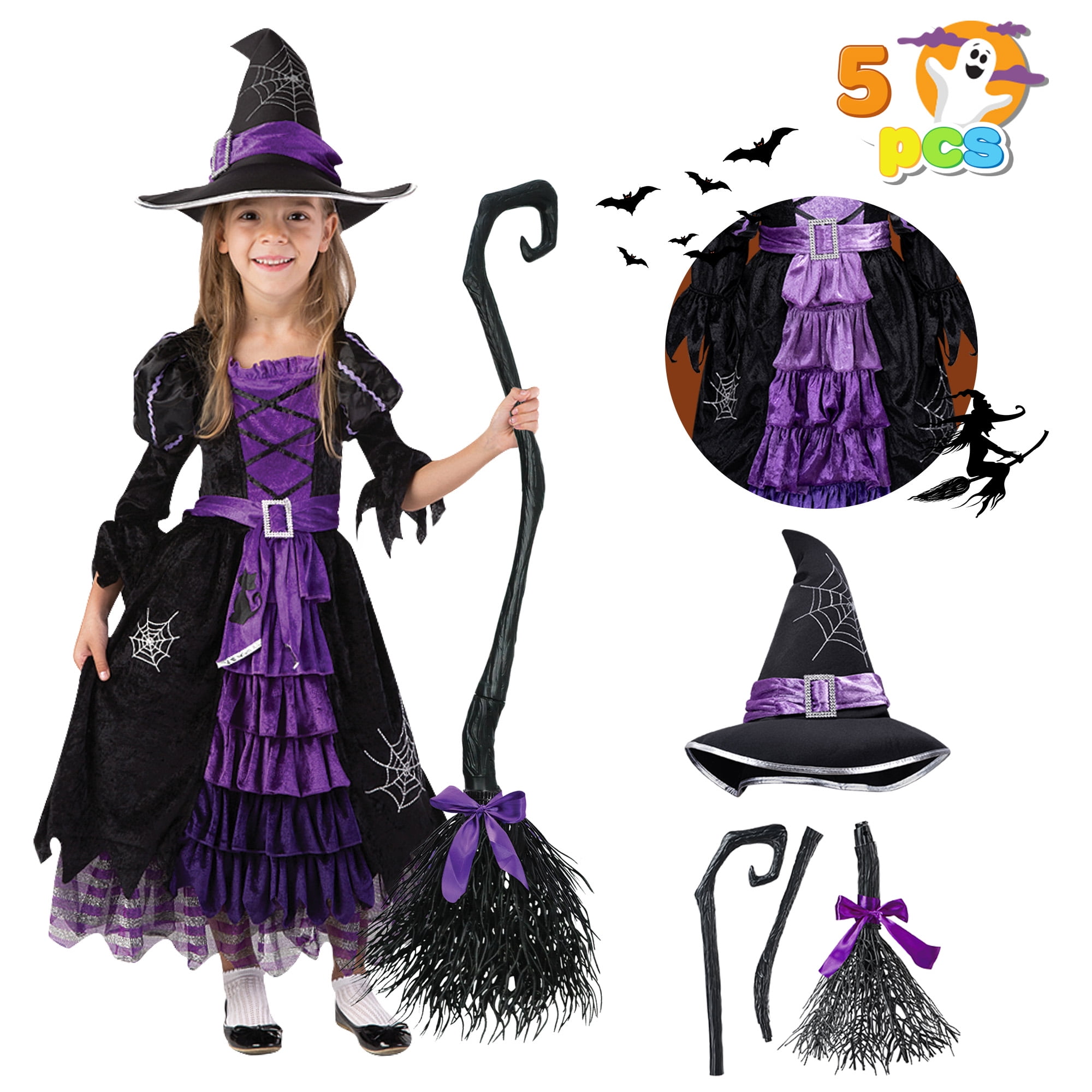 Syncfun Witch Costume Set for Girls, Halloween Fancy-Dress with Broom ...
