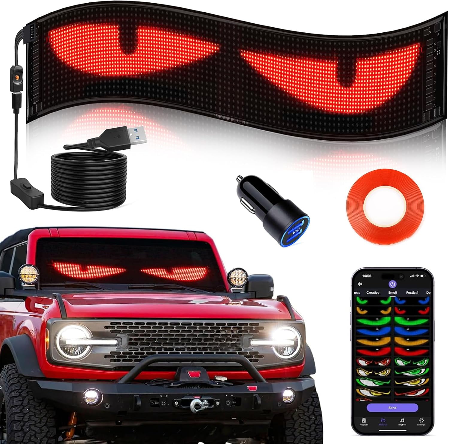 Synchronize Devil Eyes Light for , 14.6"X3.6" Flex Display Screen APP Control DIY Text Animation ...