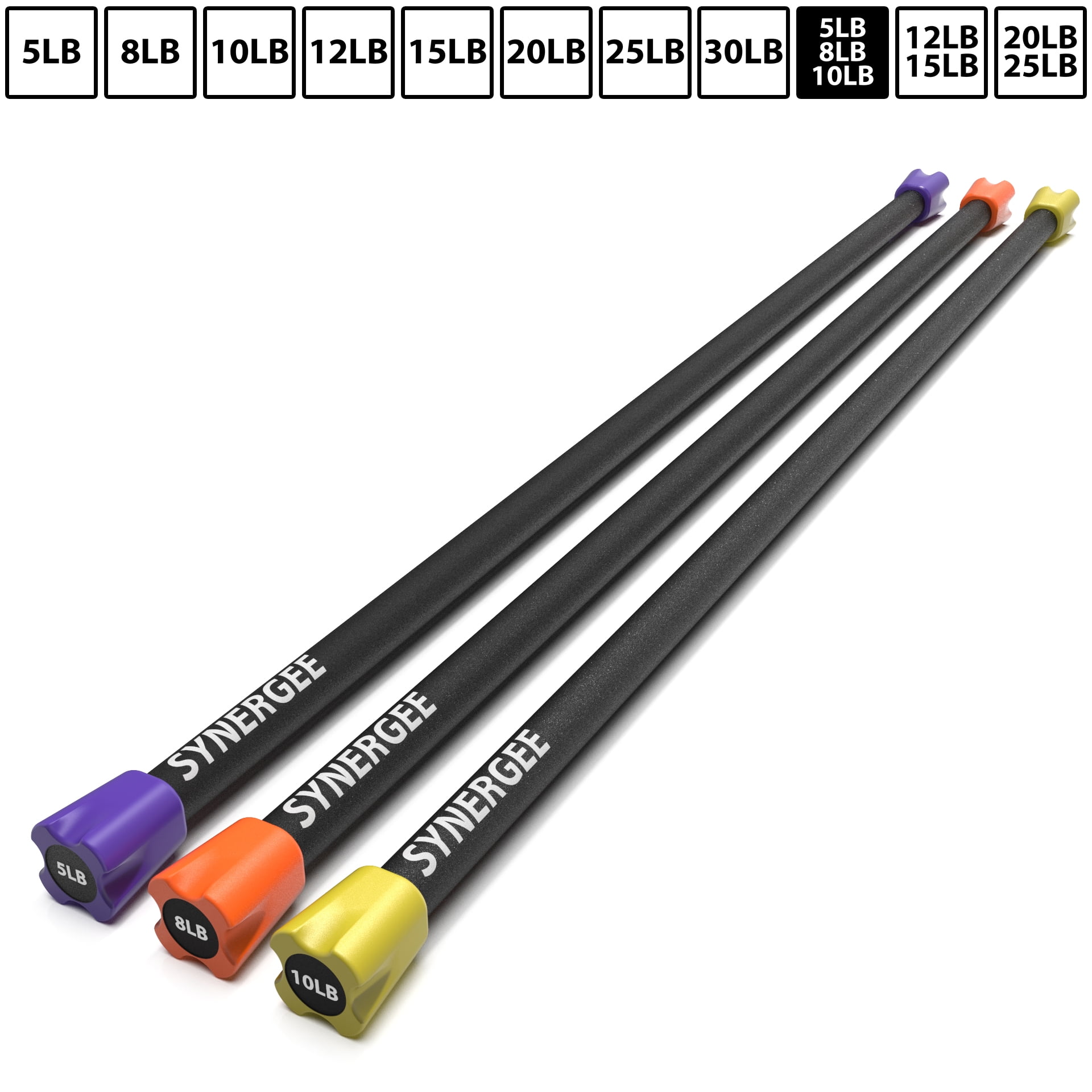 Synergee Workout Bar Combo Set - 5lb 8lb 10lb - Padded Weighted Bars ...