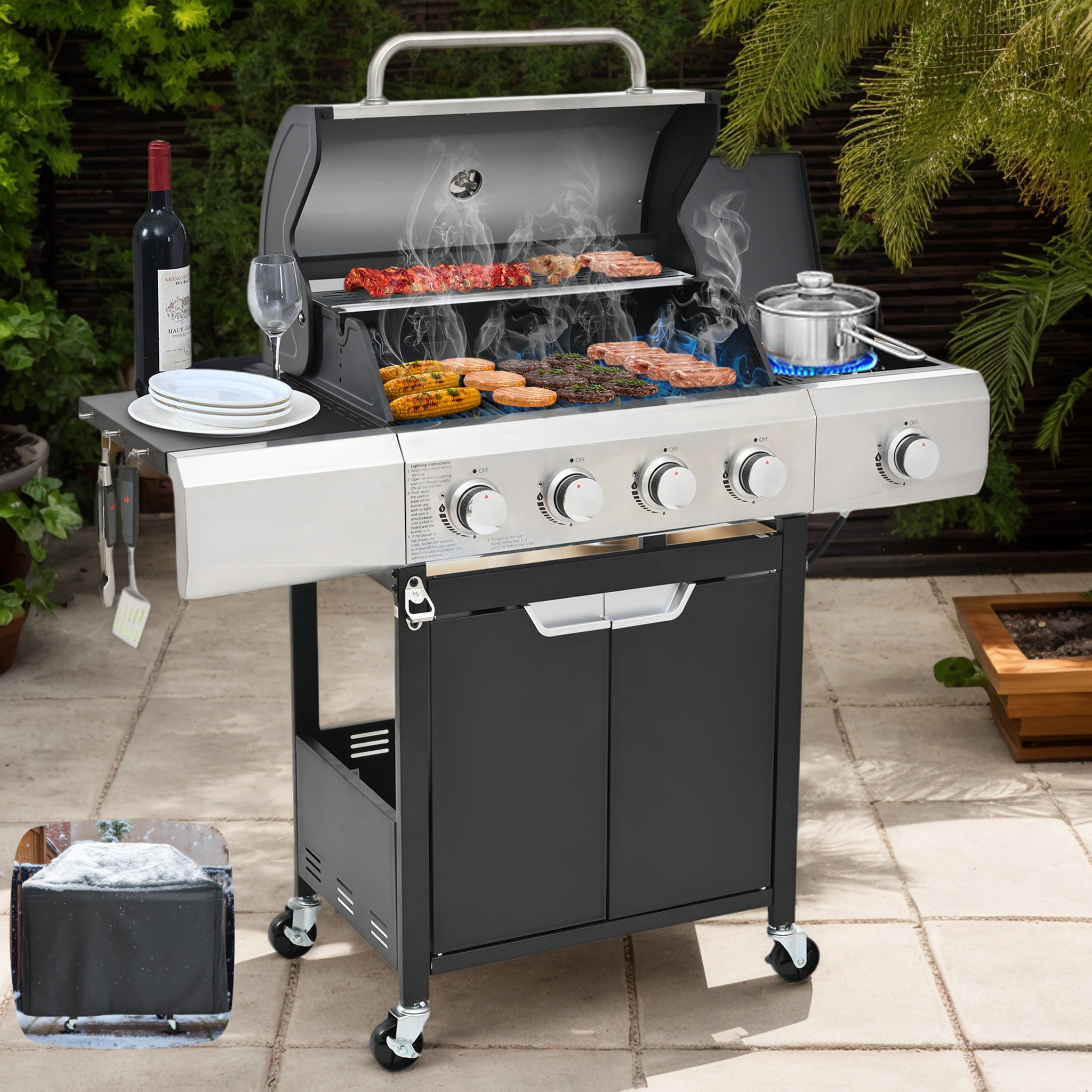 Syngar 4-Burner Propane Gas Grill, Stainless Steel BBQ Grill with Side ...