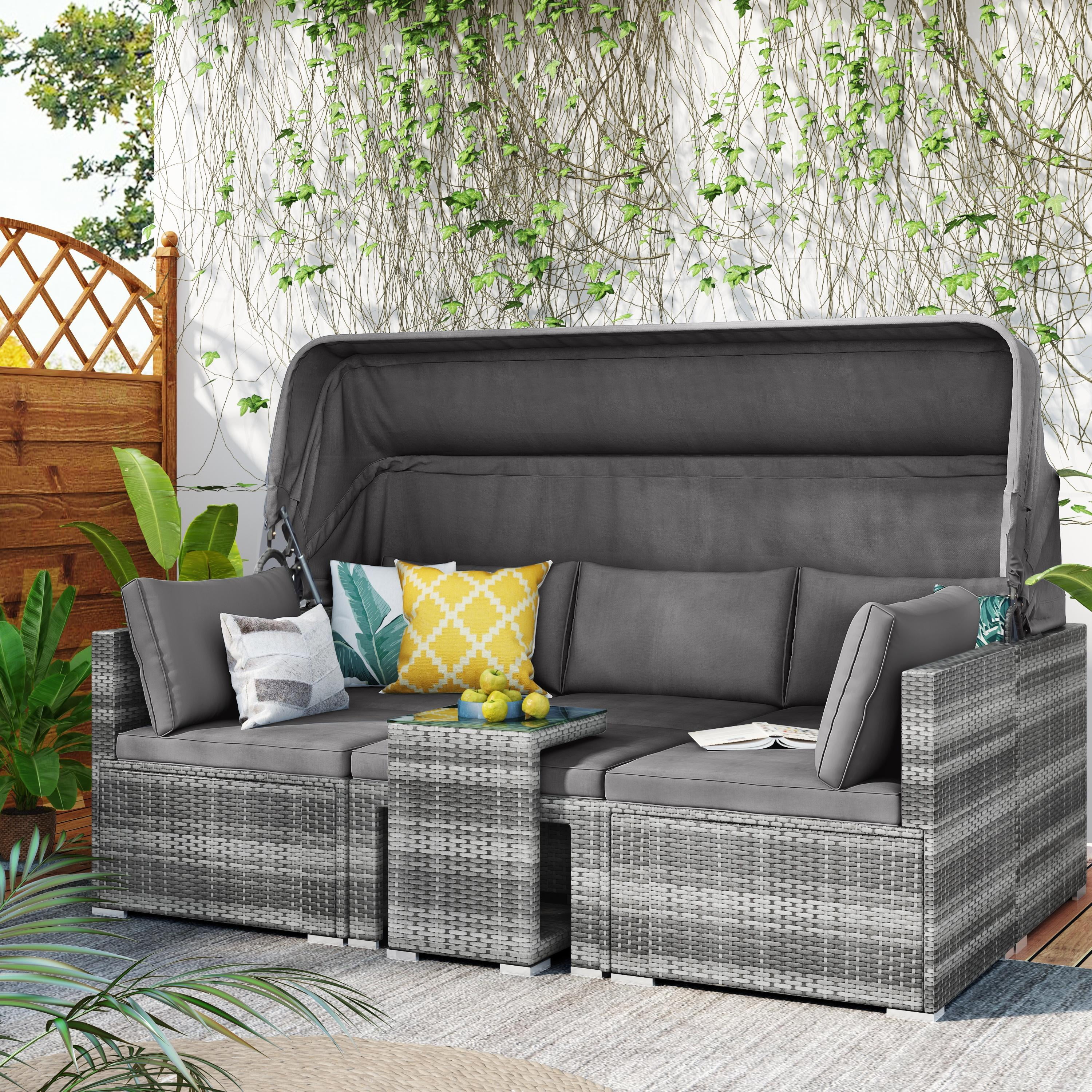Syngar 5pc Patio Set, Outdoor Wicker Daybed w/ Canopy, Gray Cushions ...