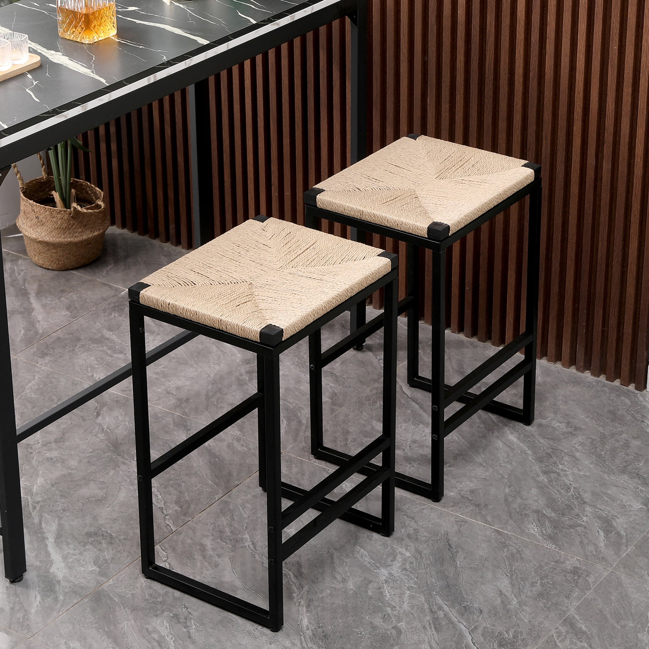 Syngar Bar Stools Set Of 2, Modern Bar Stools with Paper Rope Woven ...