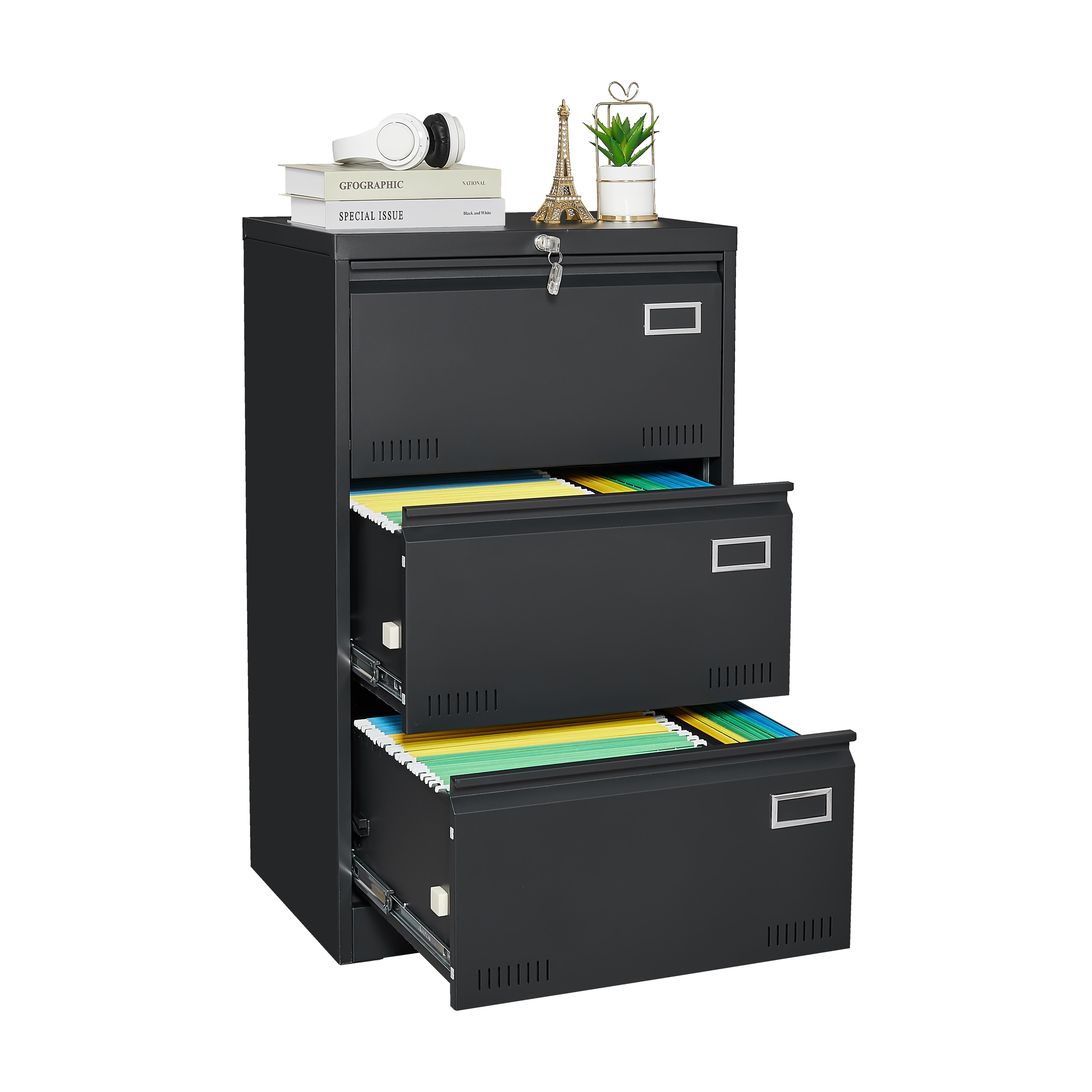 Syngar Metal Lateral File Cabinet, 3 Lockable Drawers, A4/F4, Black ...