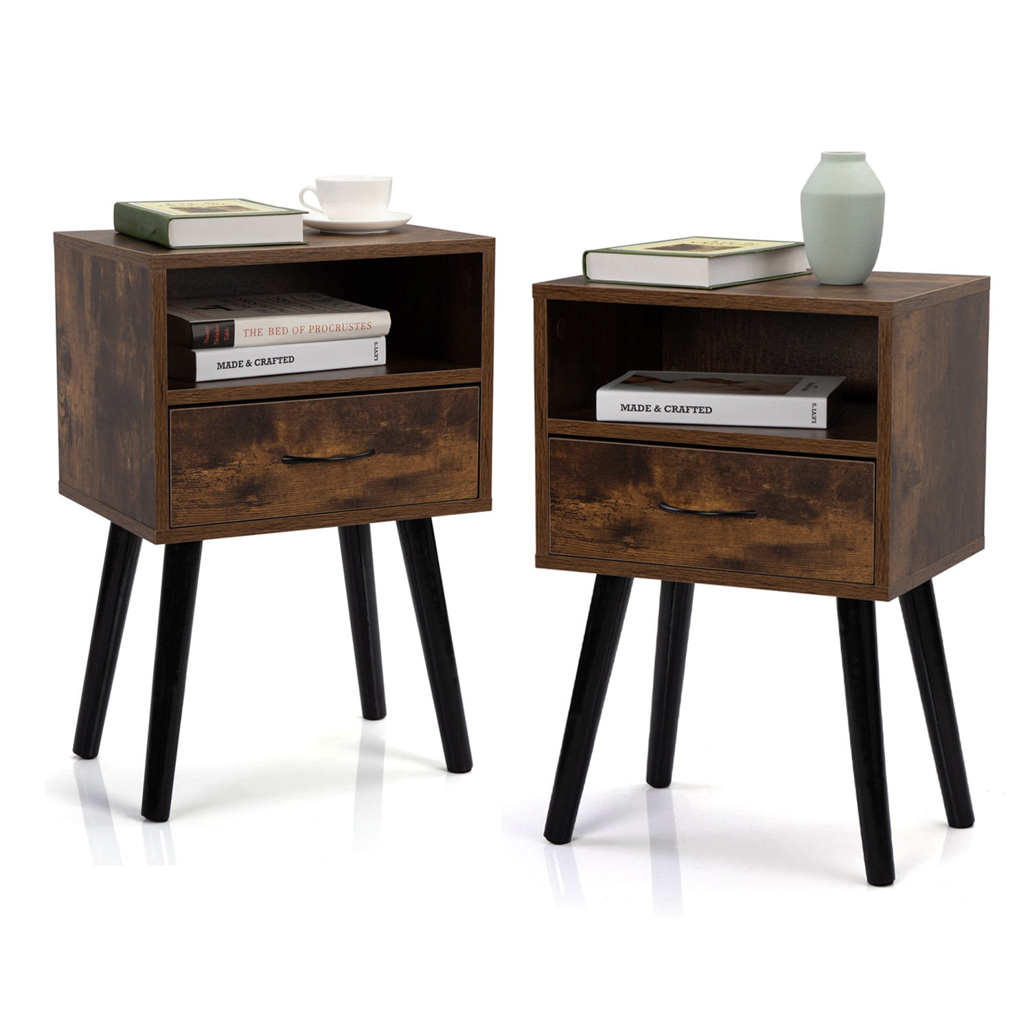 Syngar Vintage Wooden Nightstand Set of 2 with Drawer/ Storage Shelf ...