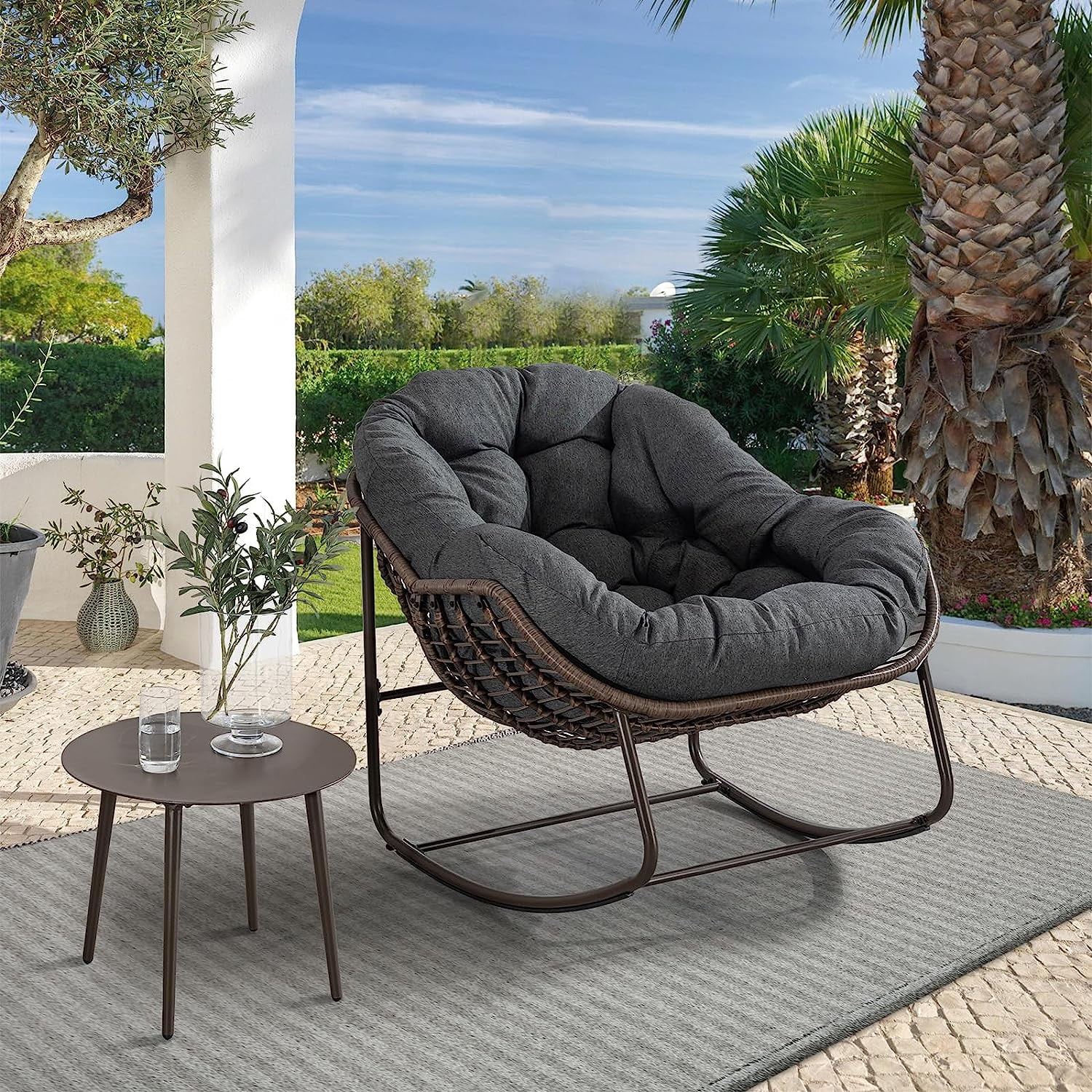 Syngar Outdoor Rocking Chair, Patio Oversized Wicker Egg-Shaped Rocker ...