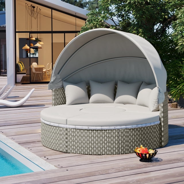 Syngar Patio Wicker Daybed Set, Outdoor Round Sunbed Furniture Set ...